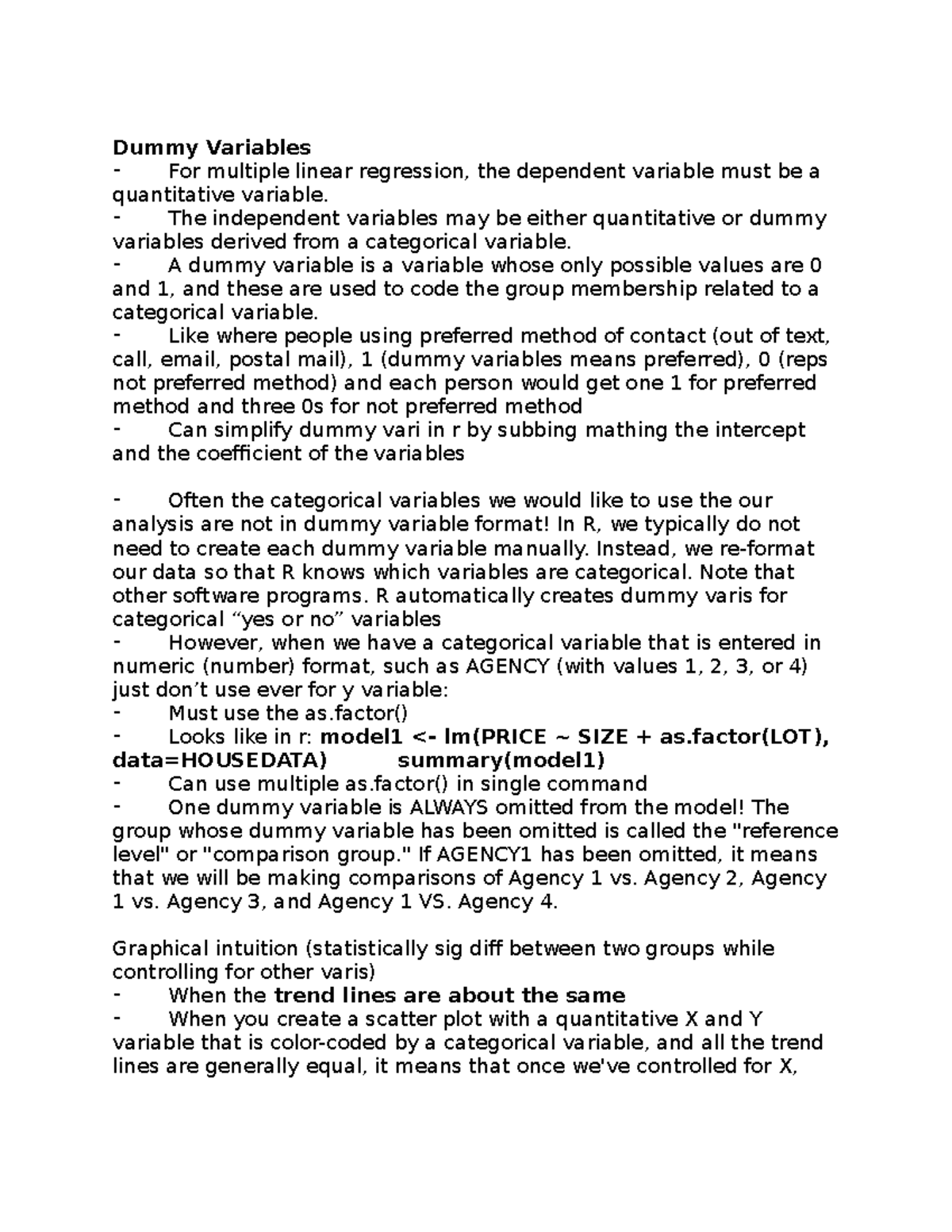 MKT 317 Semester Notes Pt 2 - Dummy Variables ⁃ For multiple linear ...