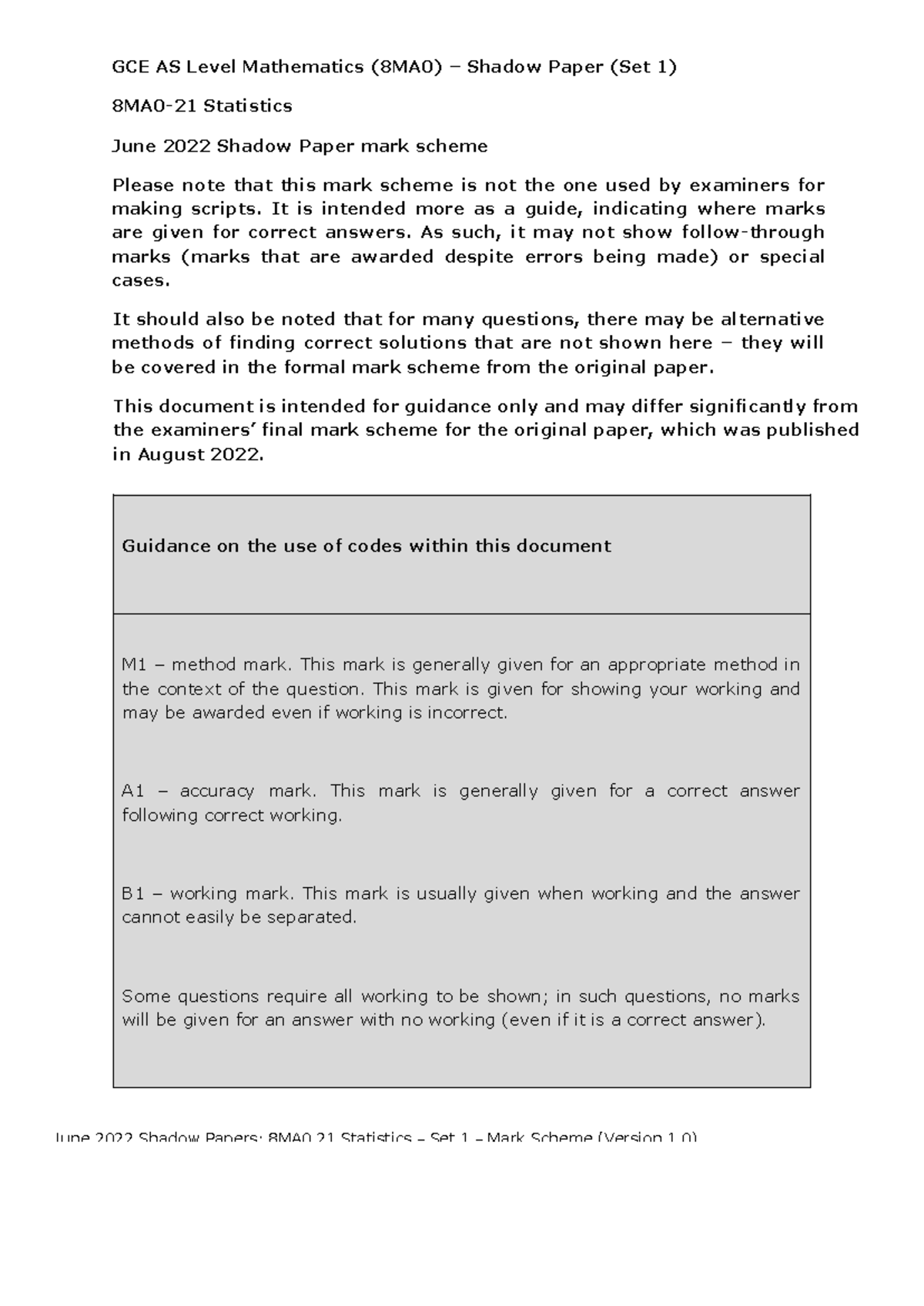 Statistics June 2022 Shadow Paper MS word - GCE AS Level Mathematics (8MA0) – Shadow Paper (Set ...