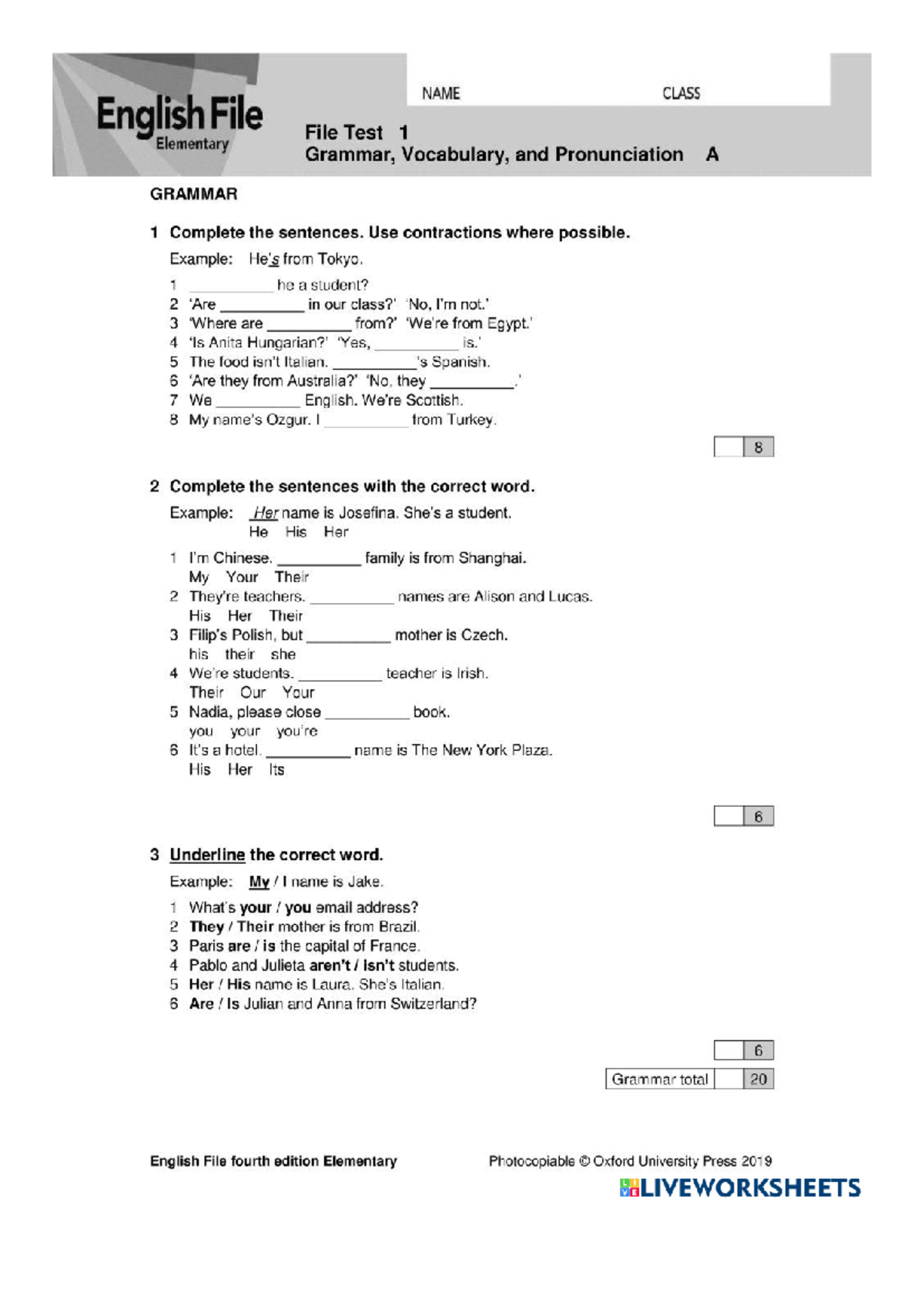 Document (13) - Bien - NAME CLASS English File File Test 1 Elementary ...