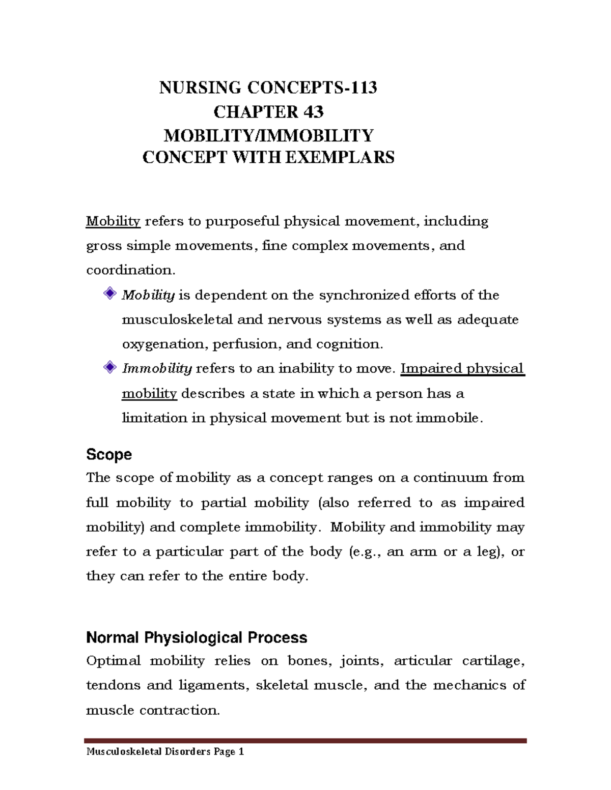 NUR-113 Musculoskeletal Mobility, Immobility Lecture Notes-1 - NURSING ...