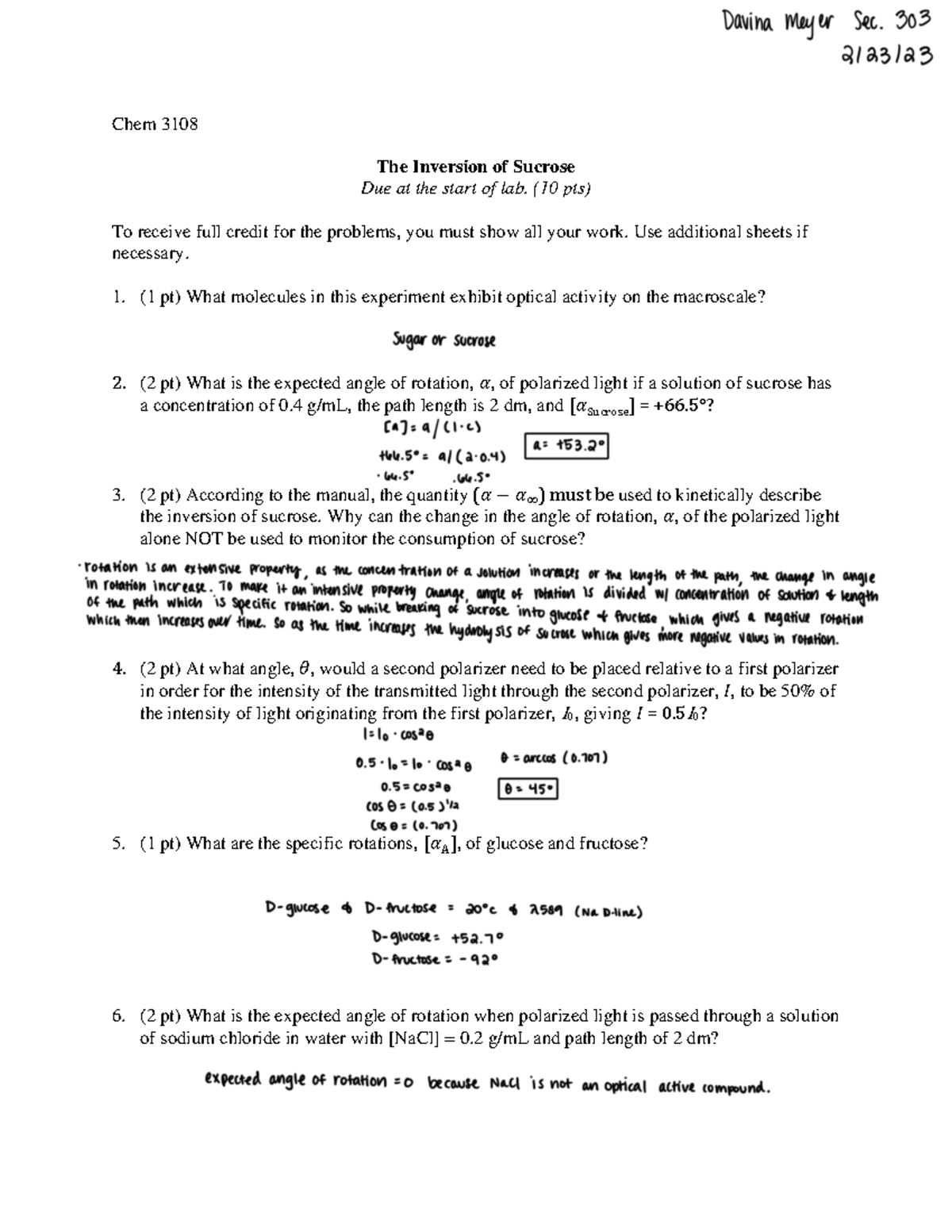 Chem3108Ch9Inv Suc Pre Lab - Chem 3108 The Inversion of Sucrose Due at ...