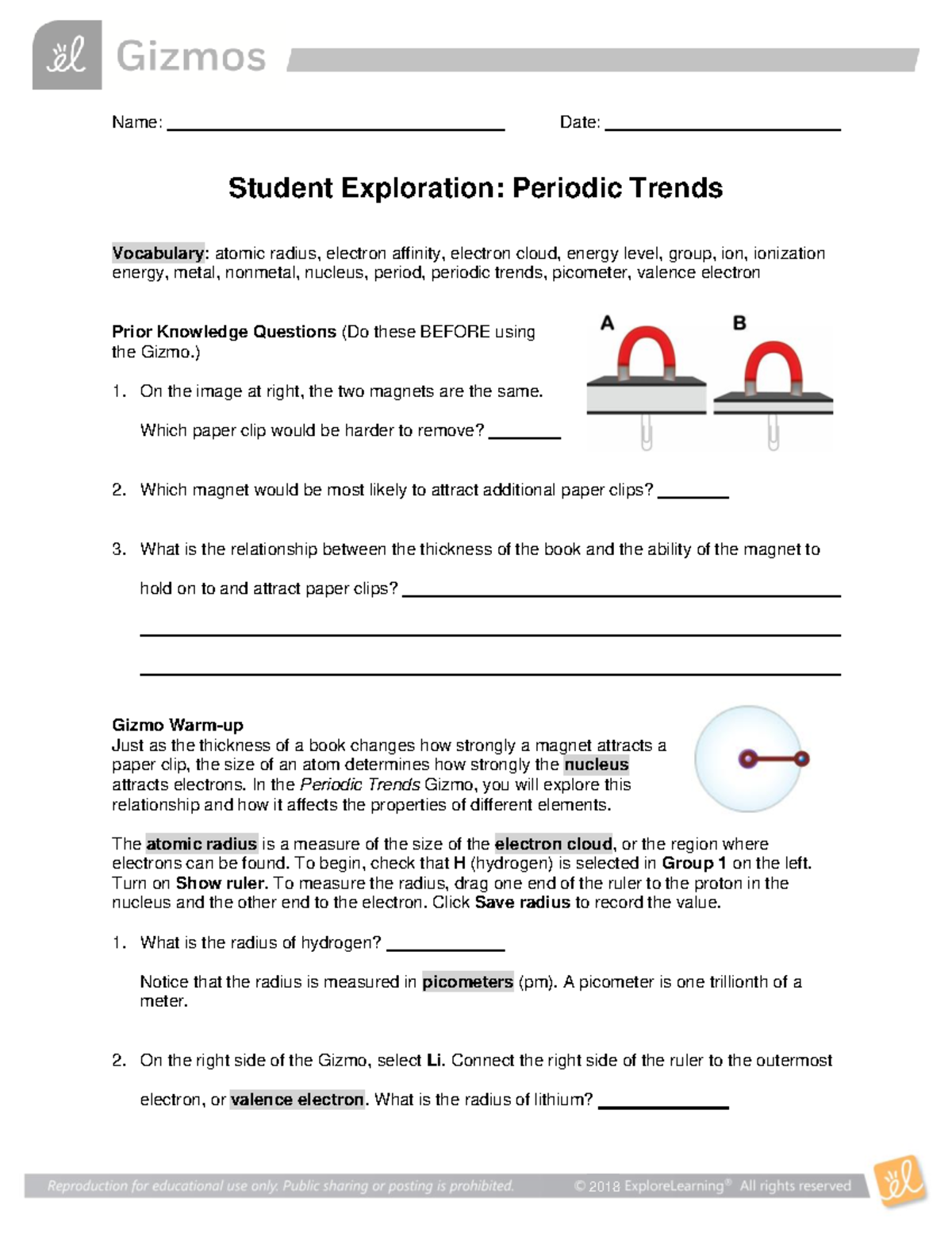 Periodic Trends SE - need answers - Name: Date: Student Exploration ...