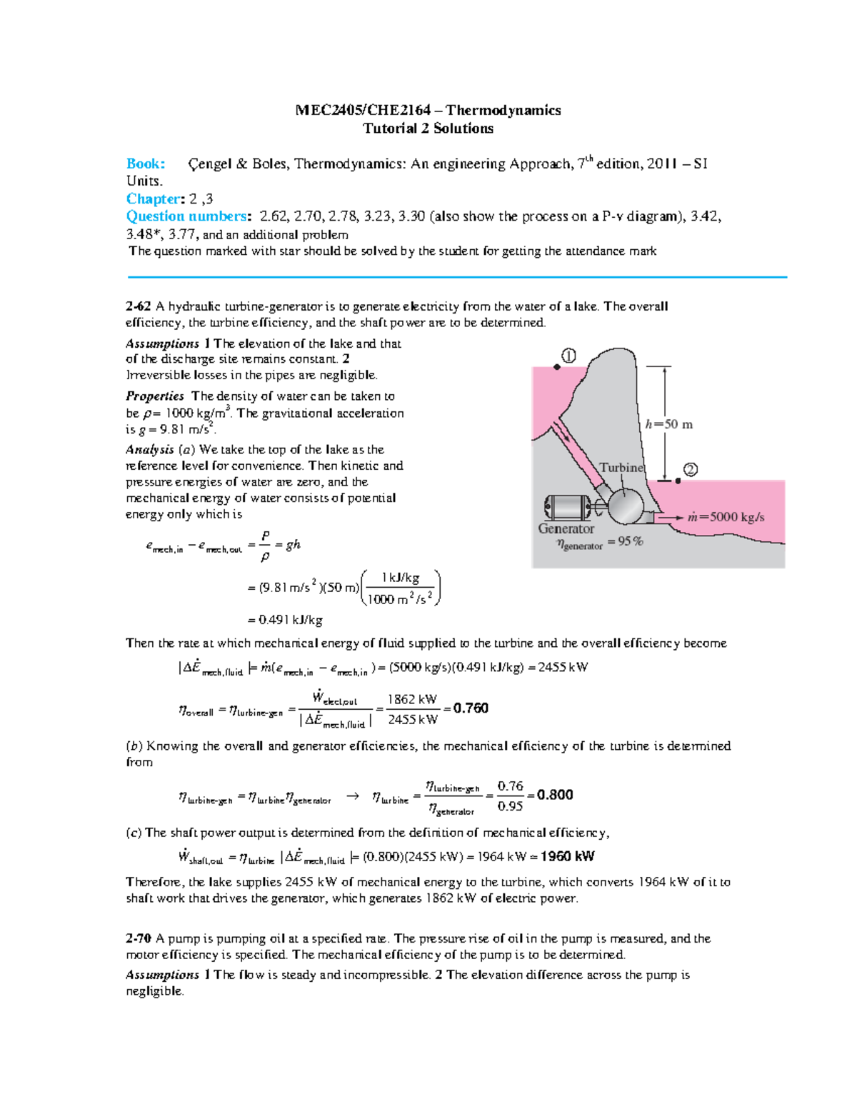 Tutorial 2-Solutions - MEC2405/CHE2164 – Thermodynamics Tutorial 2 ...