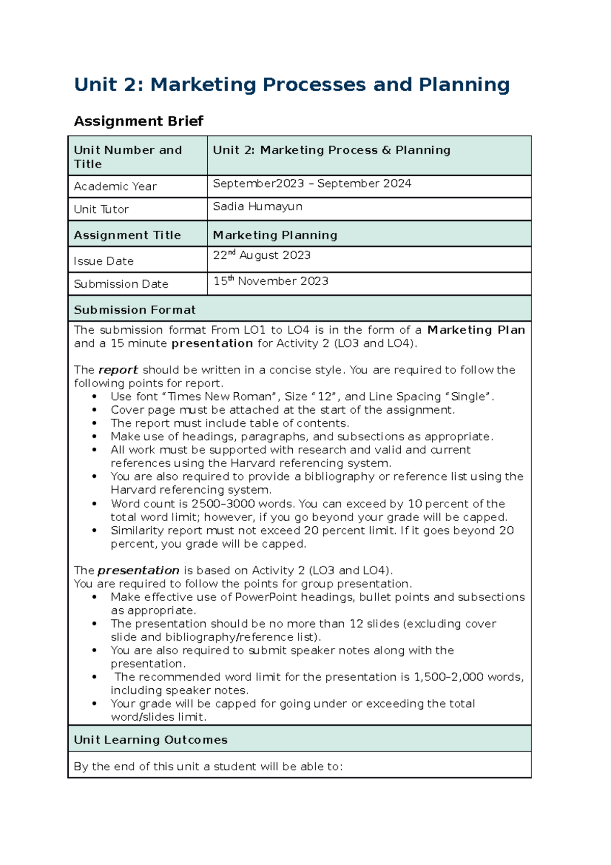 02-MPP Assignment Brief Sep2023 - Unit 2: Marketing Processes and ...