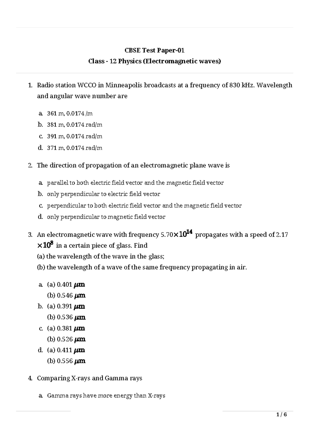 (Electromagnetic waves) Test Paper-01 - CBSE Test Paper- Class - 12 ...