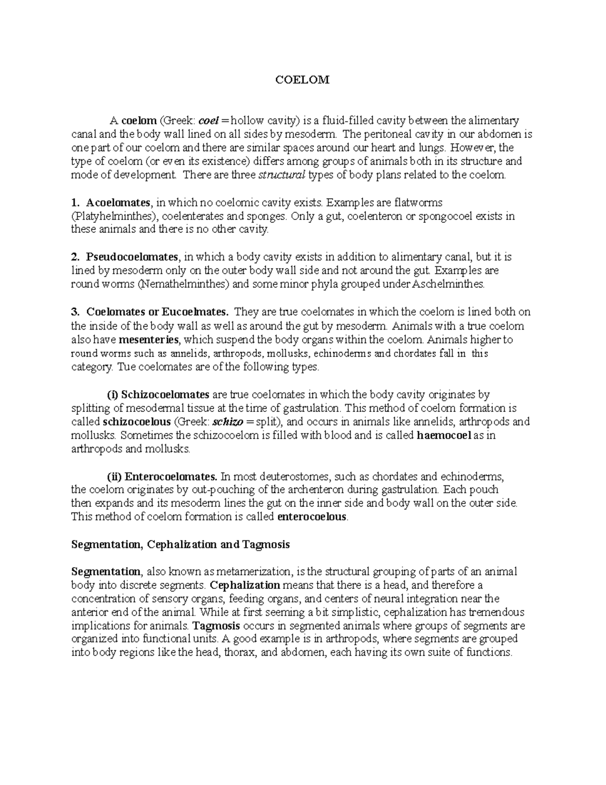 Coelom - Lecture notes 1-3 - COELOM A coelom (Greek: coel = hollow ...