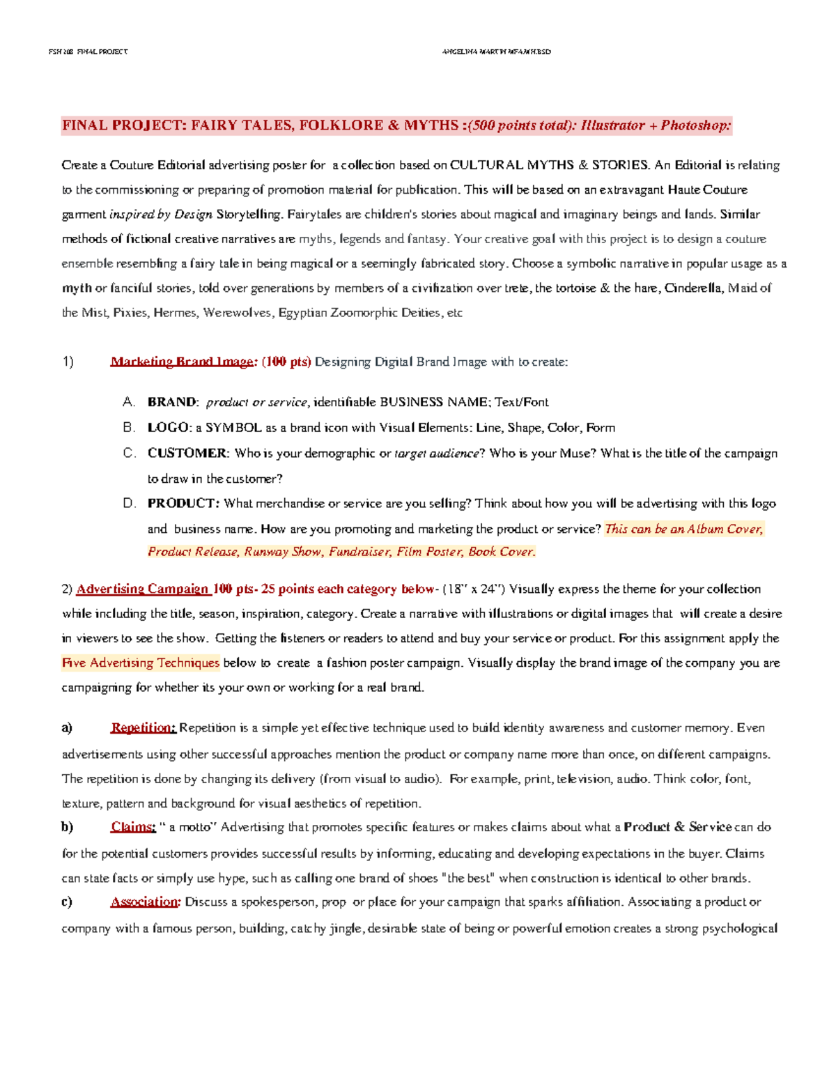 Final Project Fairytales, Folklore & Myths (500 points total ...