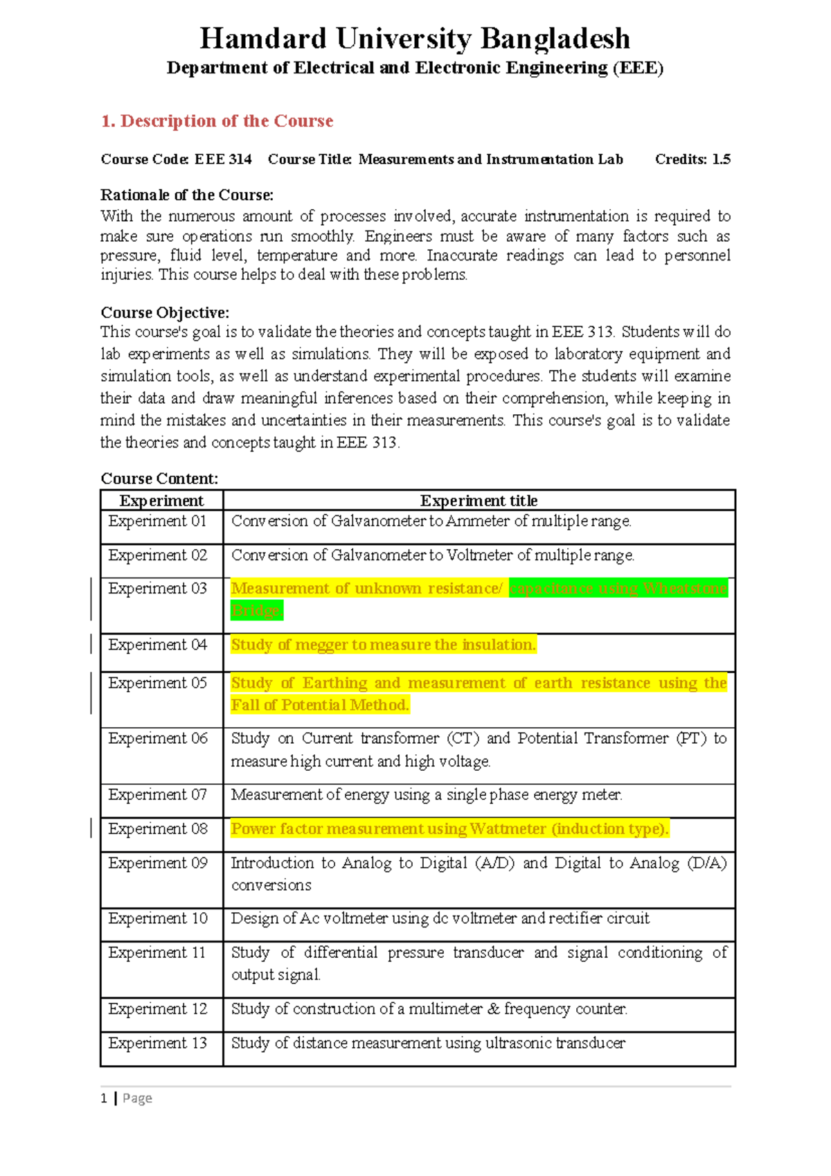 EEE 314 Measurements Lab - Department of Electrical and Electronic Engineering (EEE) 1 ...