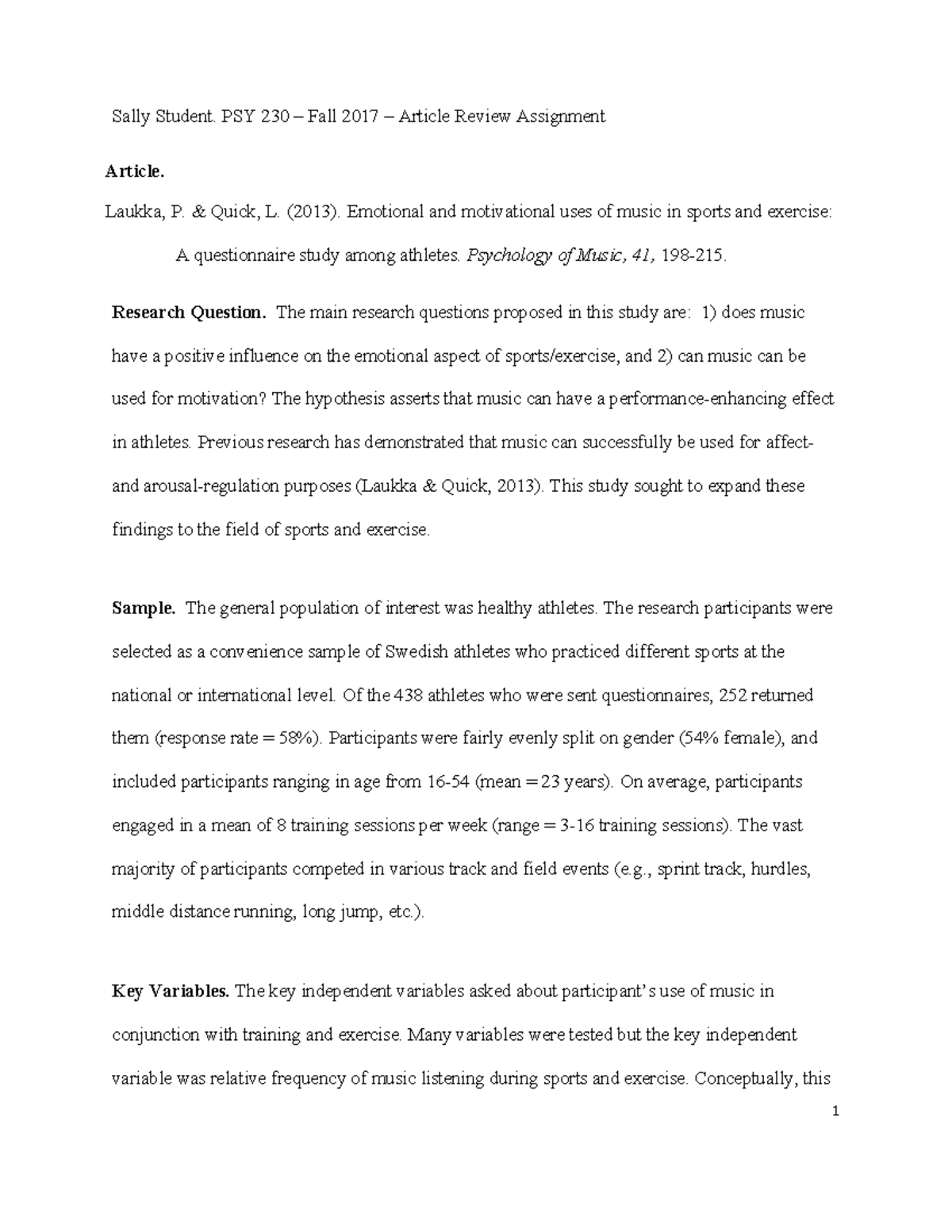 Article Review Example - Sally Student. PSY 230 – Fall 2017 – Article ...