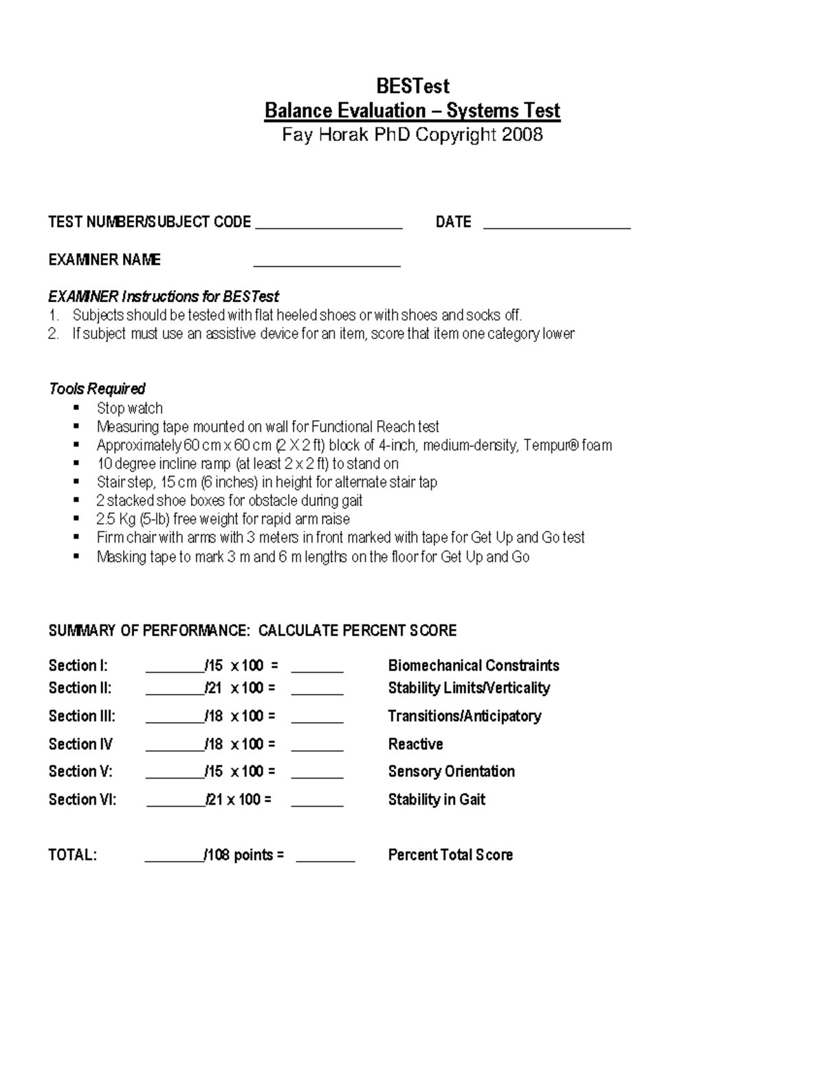 BESTest - BESTest Balance Evaluation – Systems Test Fay Horak PhD ...