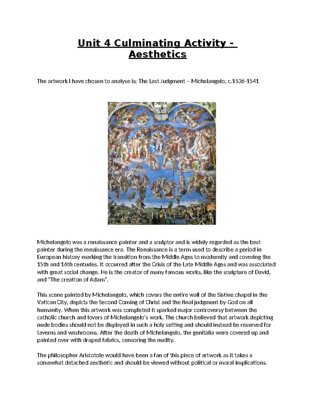 Unit 4 Culminating Activity - Unit 4 Culminating Activity - Aesthetics ...