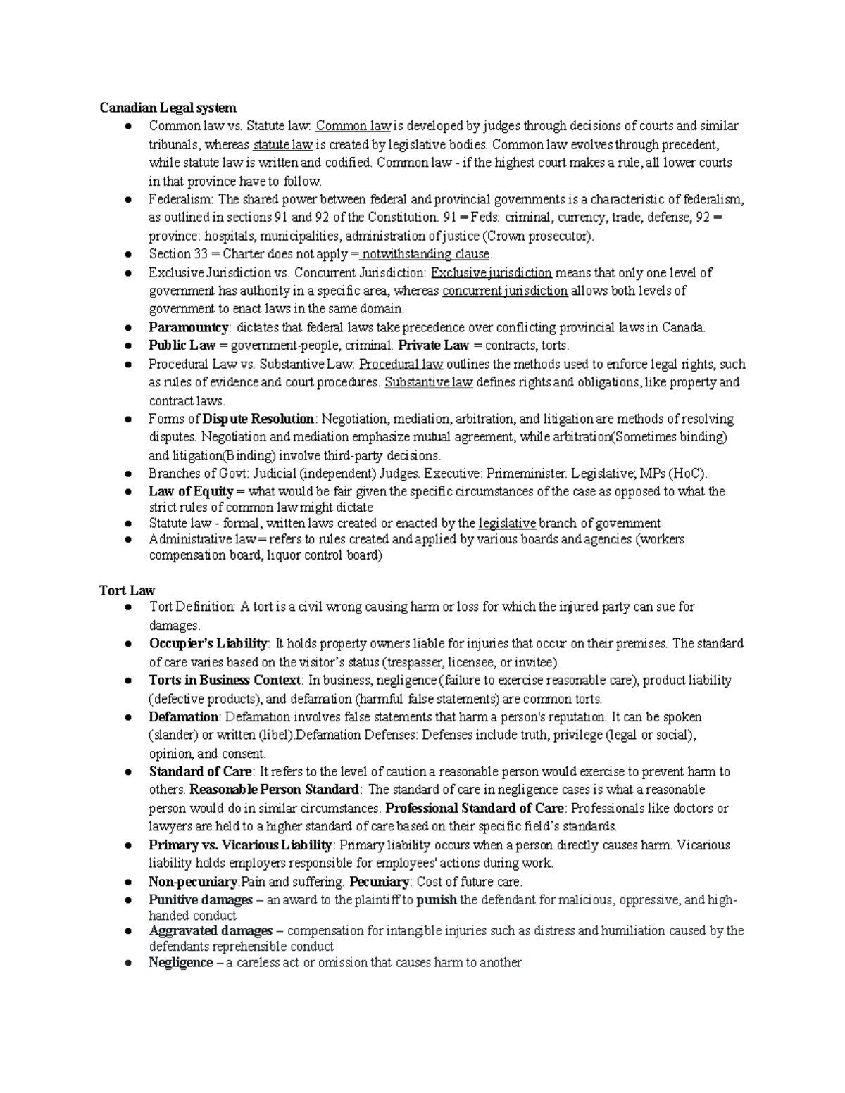 Blaw final cheat sheet - Canadian Legal system Common law vs. Statute ...
