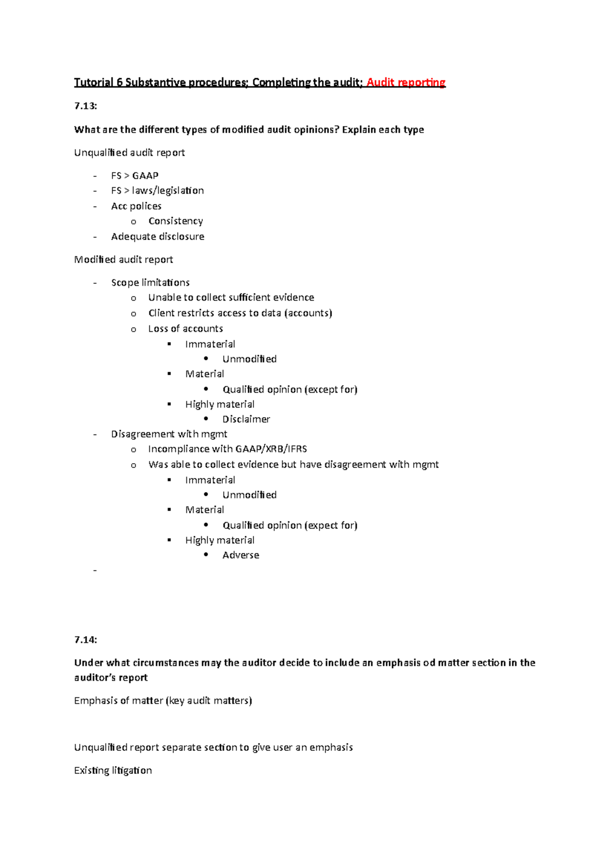 Tutorial 6 Substantive procedures - Tutorial 6 Substantive procedures; Completing the aud it ...