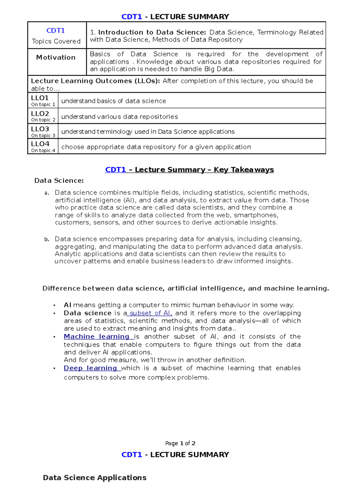 Cdt 1 6 Jjdjdjdjd Cdt1 Lecture Summary Cdt Topics Covered 1 Introduction To Data Science