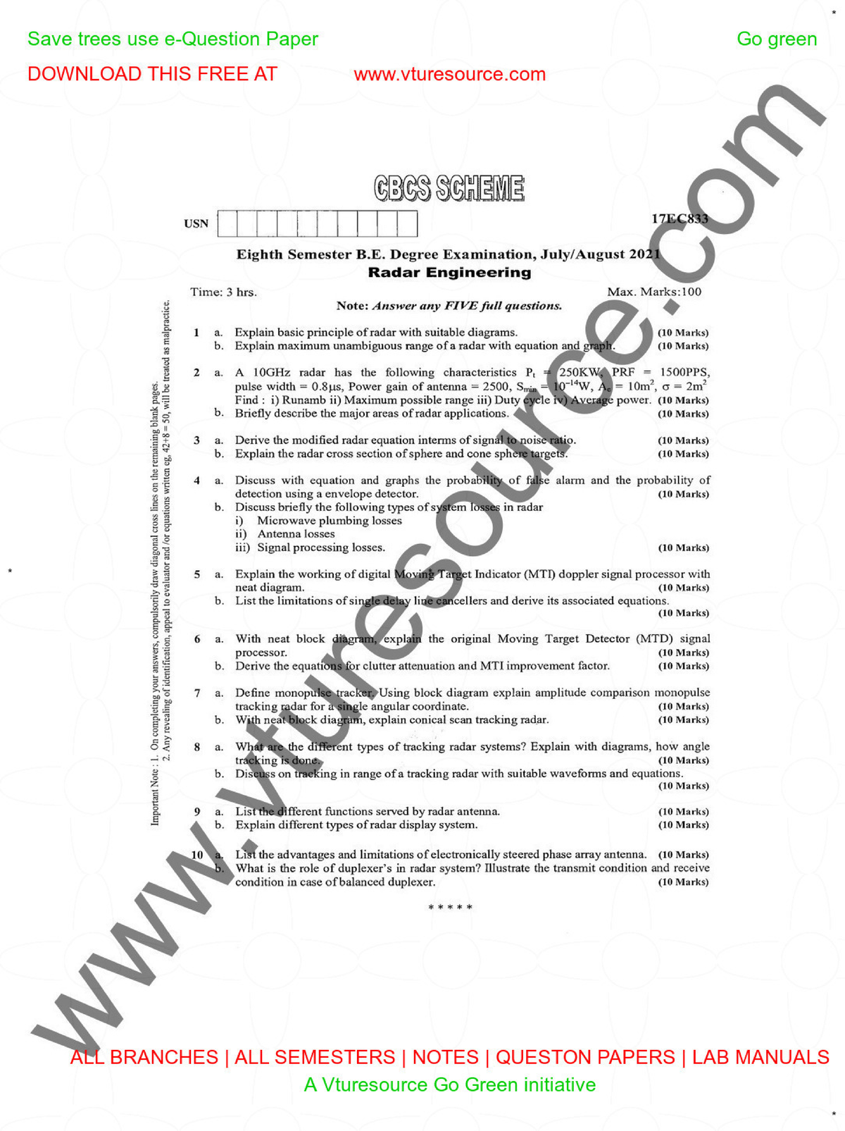 Aug-2021 - Radar Question Paper - Radar Engineering - Studocu