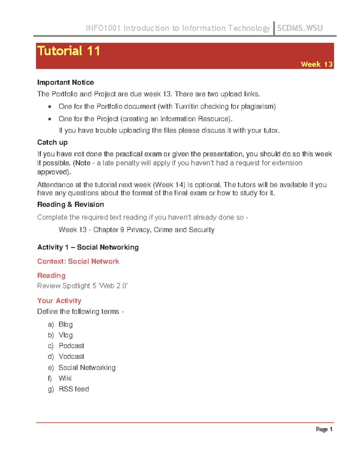 Practical 11 - n/a - INFO1001 Introduction to Information Technology SCDMS Page 1 Tutorial 11 ...