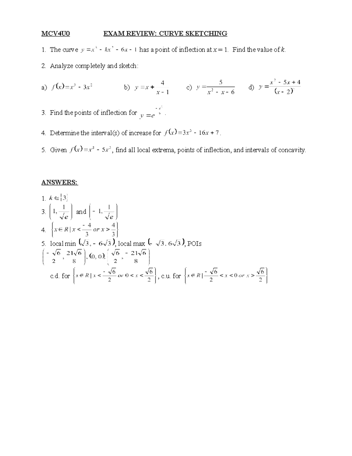 Exam Review Curve Sketching - MCV4U0 EXAM REVIEW: CURVE SKETCHING The ...