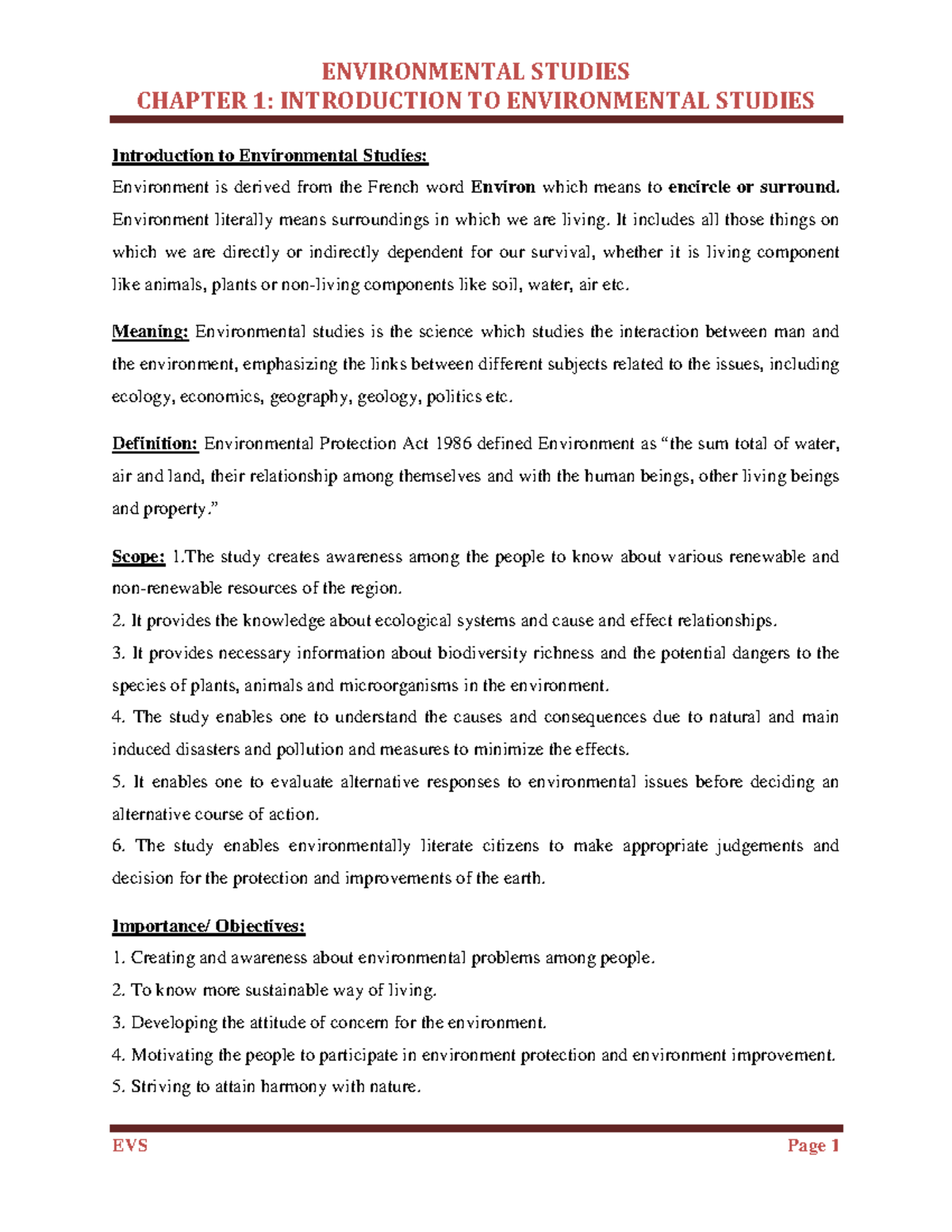 EVS Chapter 1 Notes - It's b com course - CHAPTER 1: INTRODUCTION TO ...