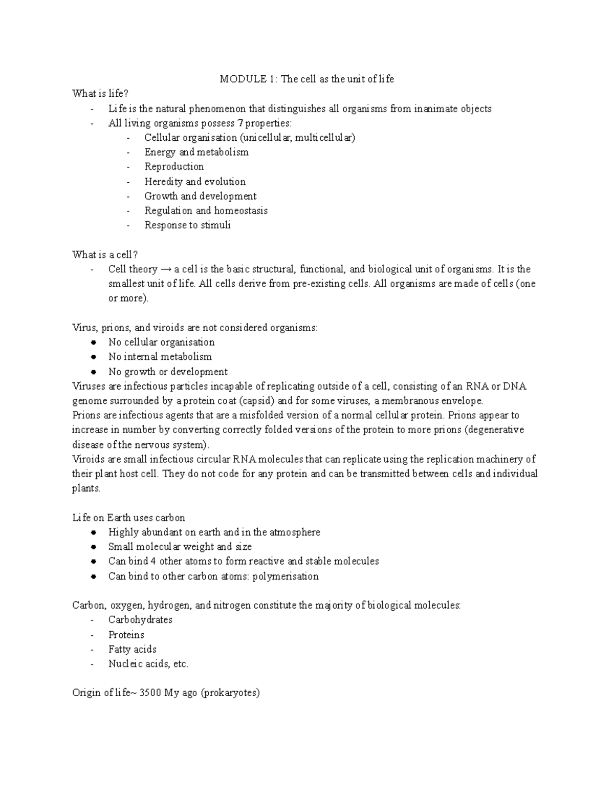 BIO 1140 Notes - MODULE 1: The cell as the unit of life What is life ...