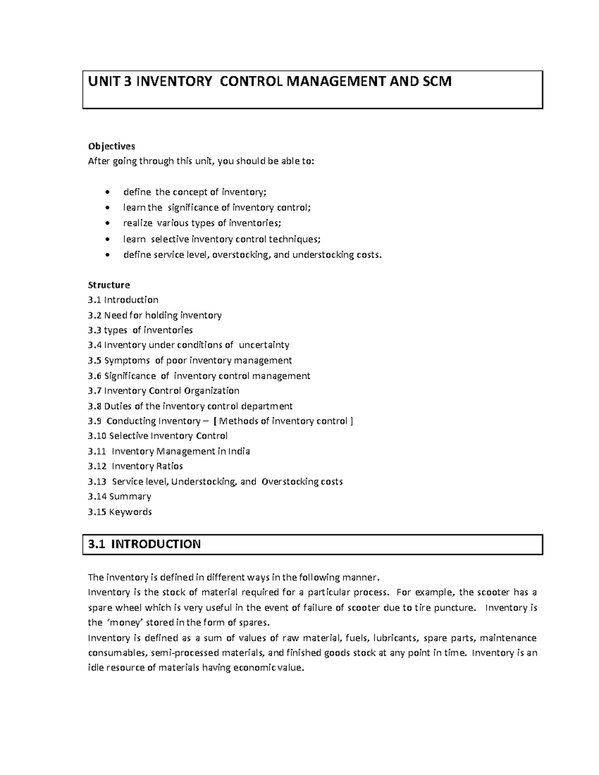 LSCM Unit3 - UNIT 3 INVENTORY CONTROL MANAGEMENT AND SCM Objectives After going through this ...