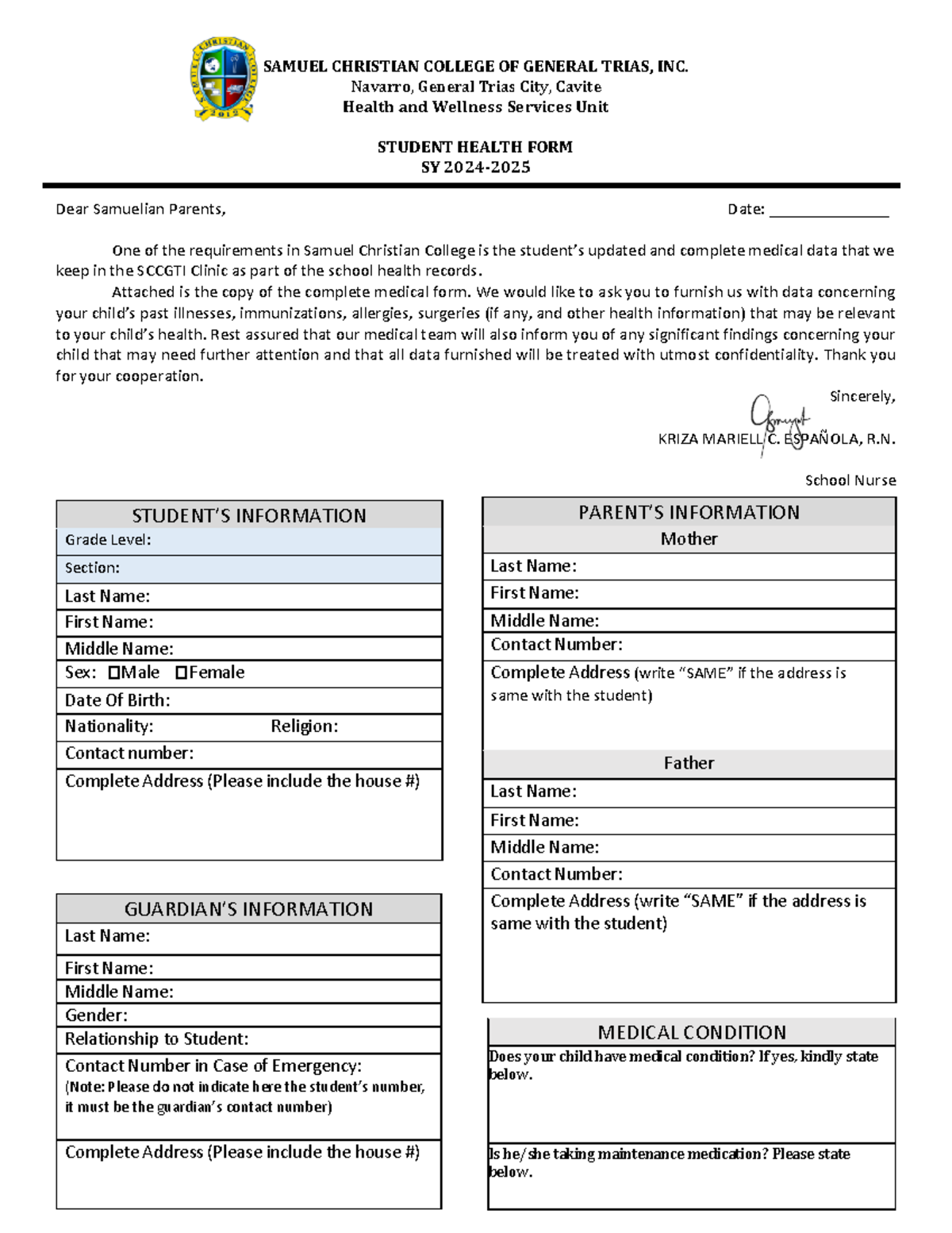 School-Clinic Student-Health-Form - SAMUEL CHRISTIAN COLLEGE OF GENERAL ...