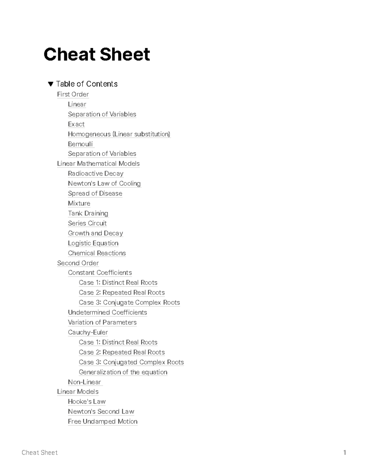 Cheat Sheet - Cheat Sheet Table of Contents First Order Linear ...