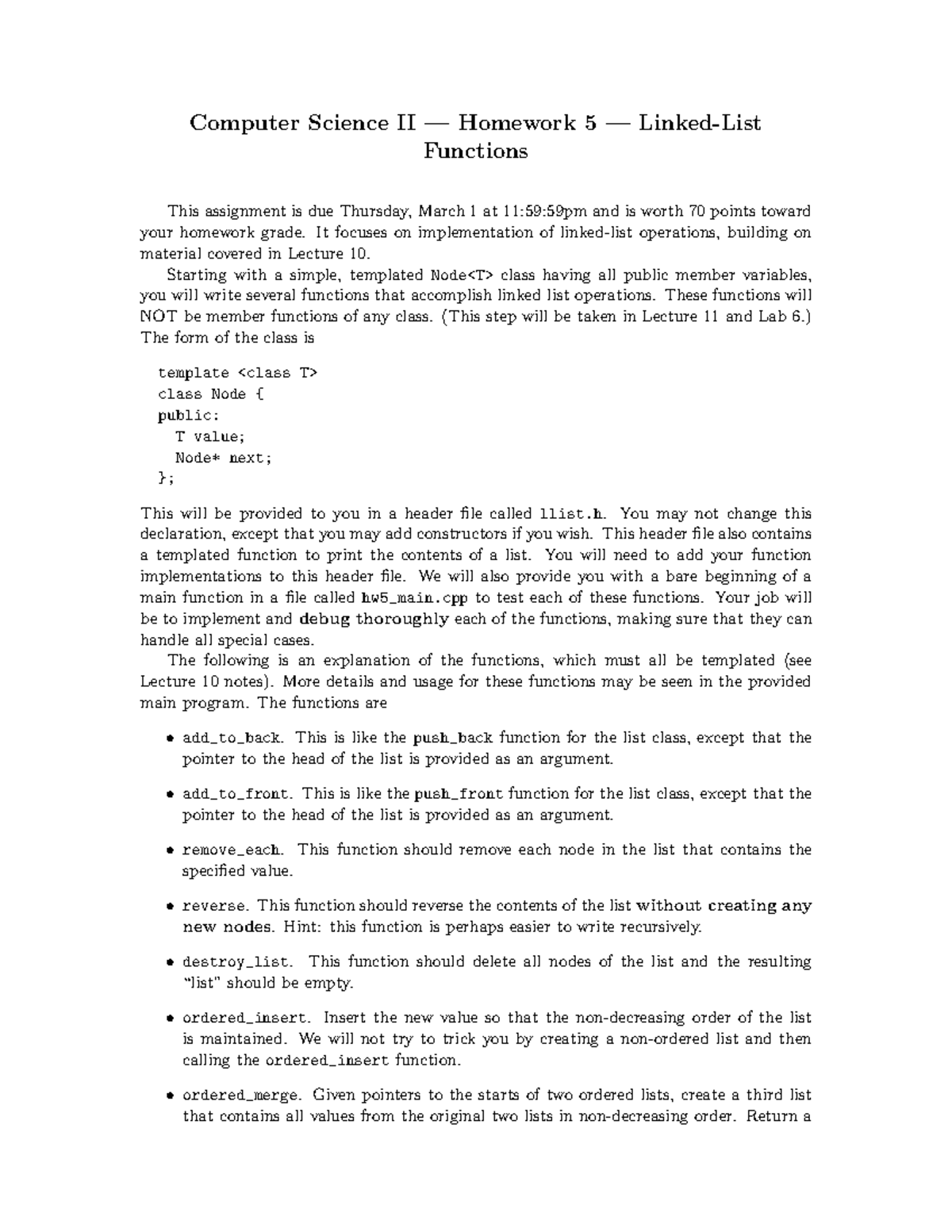 Hw5 Homework Computer Science Ii — Homework 5 — Linked List 0229