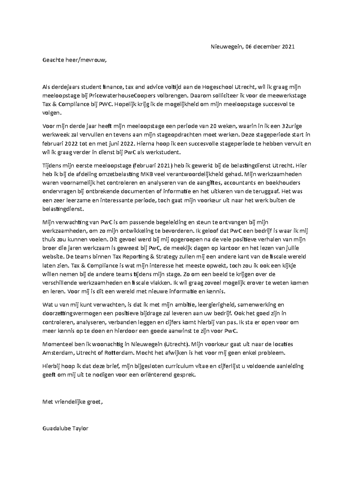 Motivatiebrief G. Taylor (Pw C) - Nieuwegein, 06 december 2021 Geachte ...