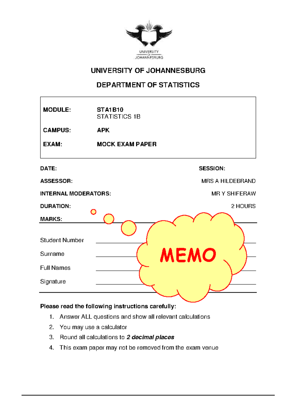 Mock Exam Paper 2016 Memo - ####### UNIVERSITY OF JOHANNESBURG ...