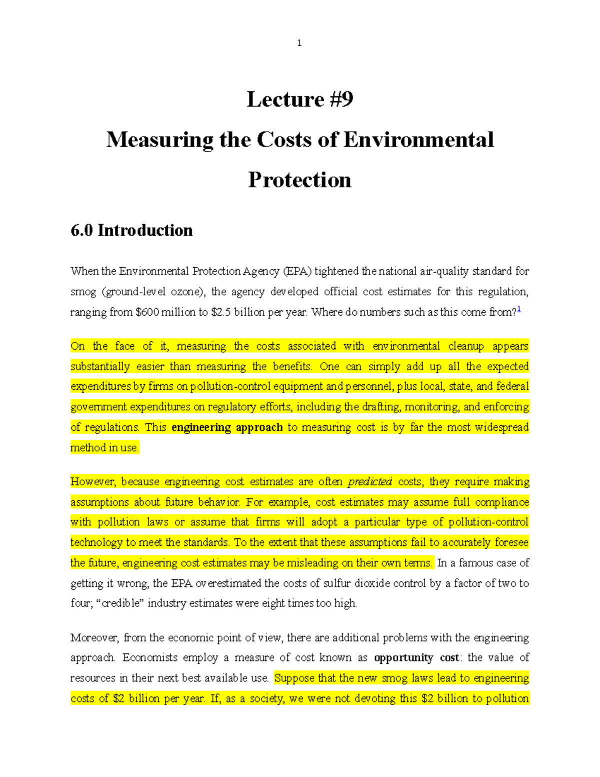 Lecture #9 - a section - Lecture Measuring the Costs of Environmental ...