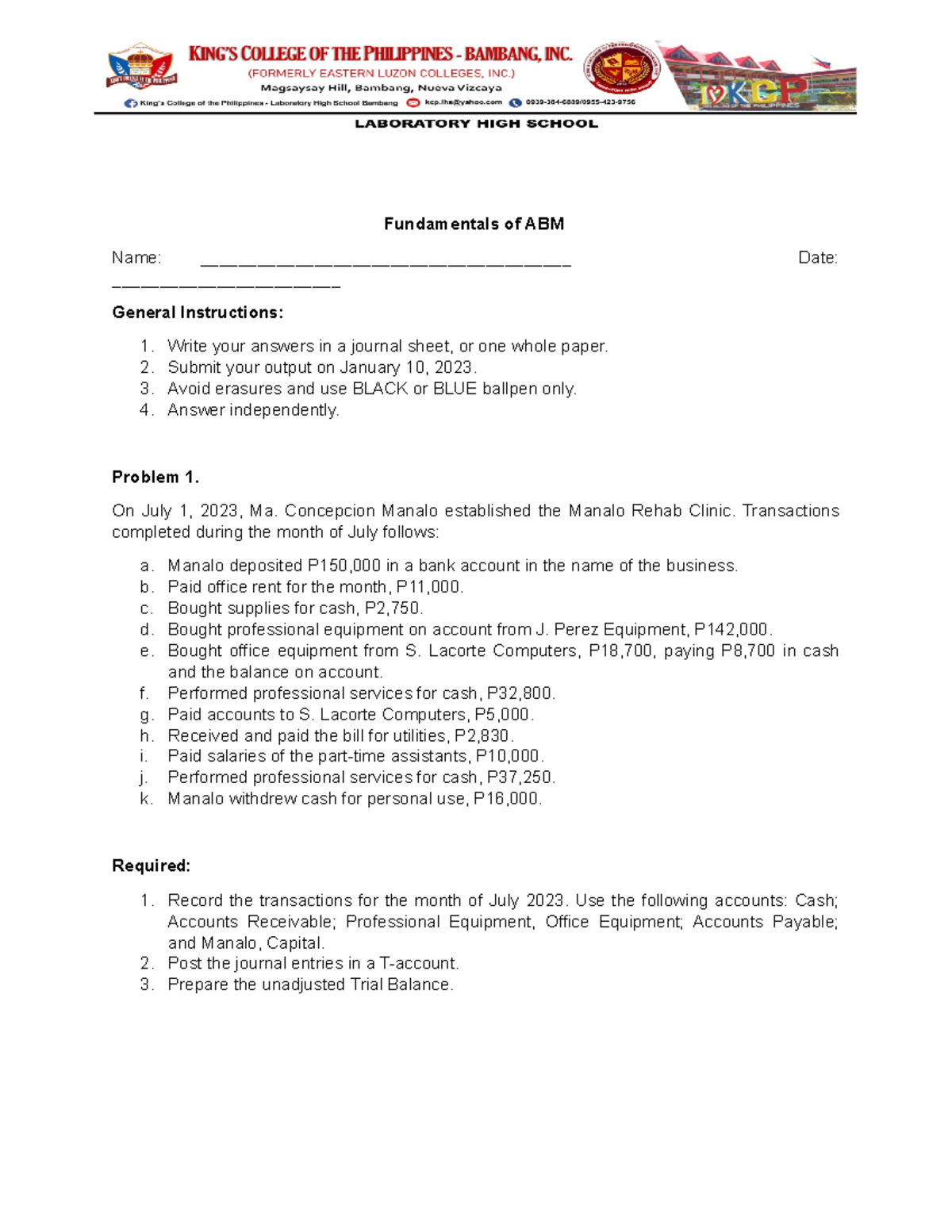 FABM 1 Problem 1-6 - Practice set in Fundamentals of Accounting ...