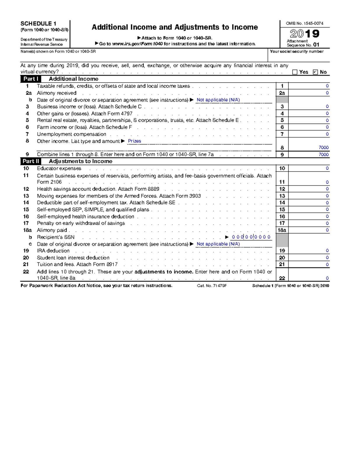 Completed 2019 Schedule 1 (Form 1040 or 1040-SR) Mod 6 Proj2 - SCHEDULE ...