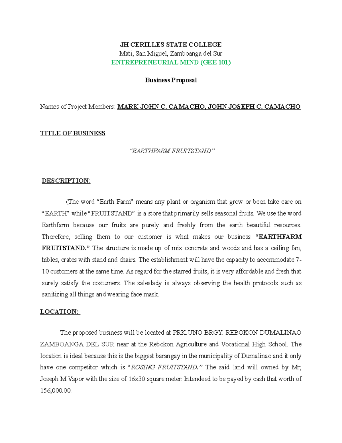 Business Proposal - JH CERILLES STATE COLLEGE Mati, San Miguel ...