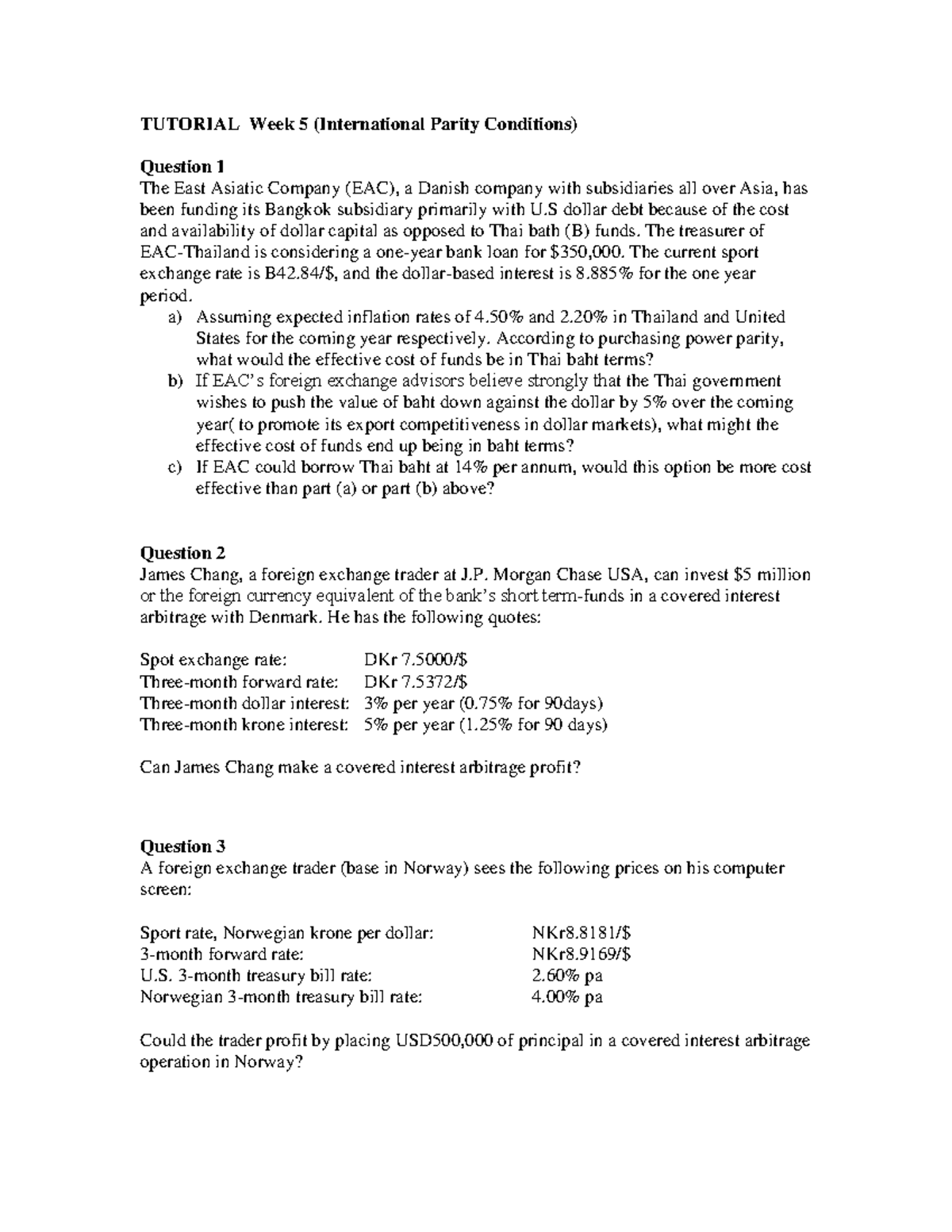 Tutorial w5 Questions - TUTORIAL Week 5 (International Parity ...