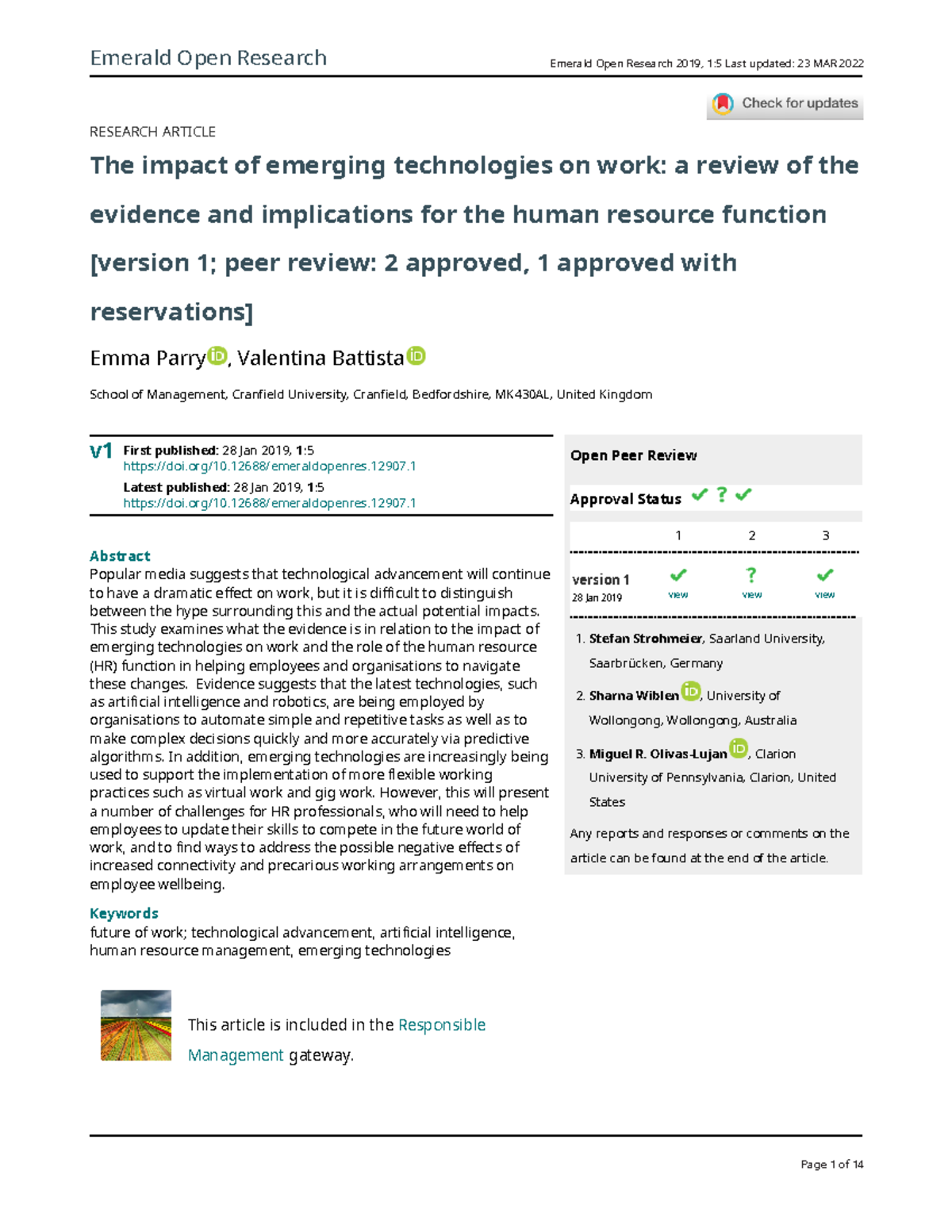 The impact of emerging technologies on work - 12688/emeraldopenres ...