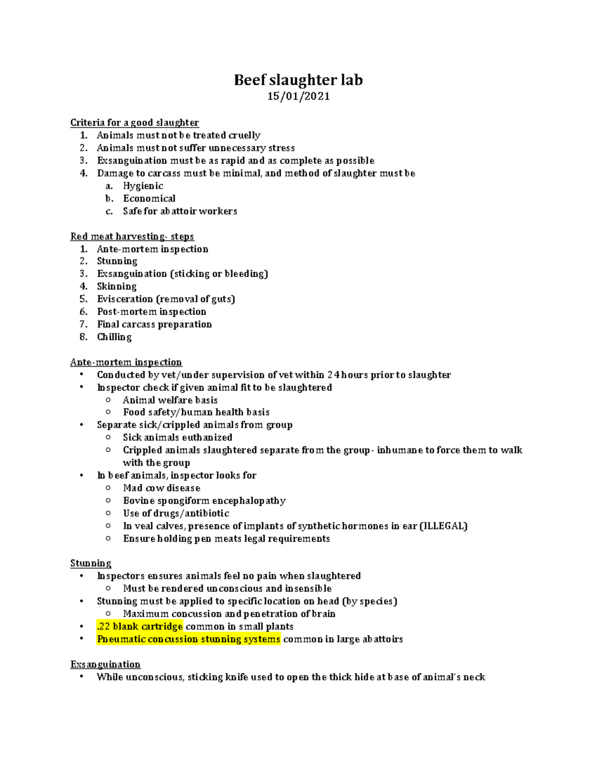 Beef slaughter lab notes - Beef slaughter lab 15/01/ Criteria for a ...