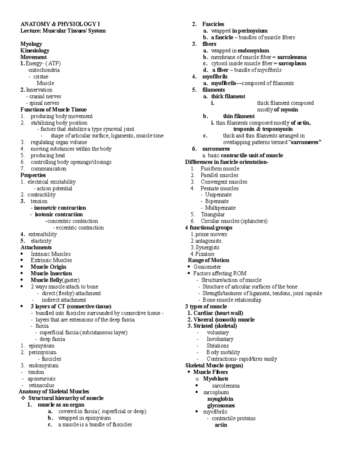Muscle System and Tissues Outline - ANATOMY & PHYSIOLOGY I Lecture ...