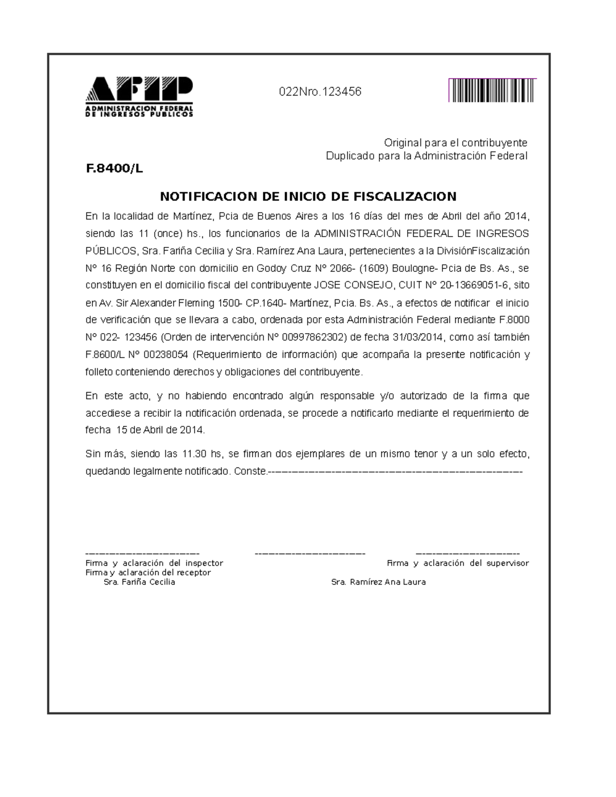 250106129 Form 8400 AFIP - 022Nro. Original para el contribuyente ...