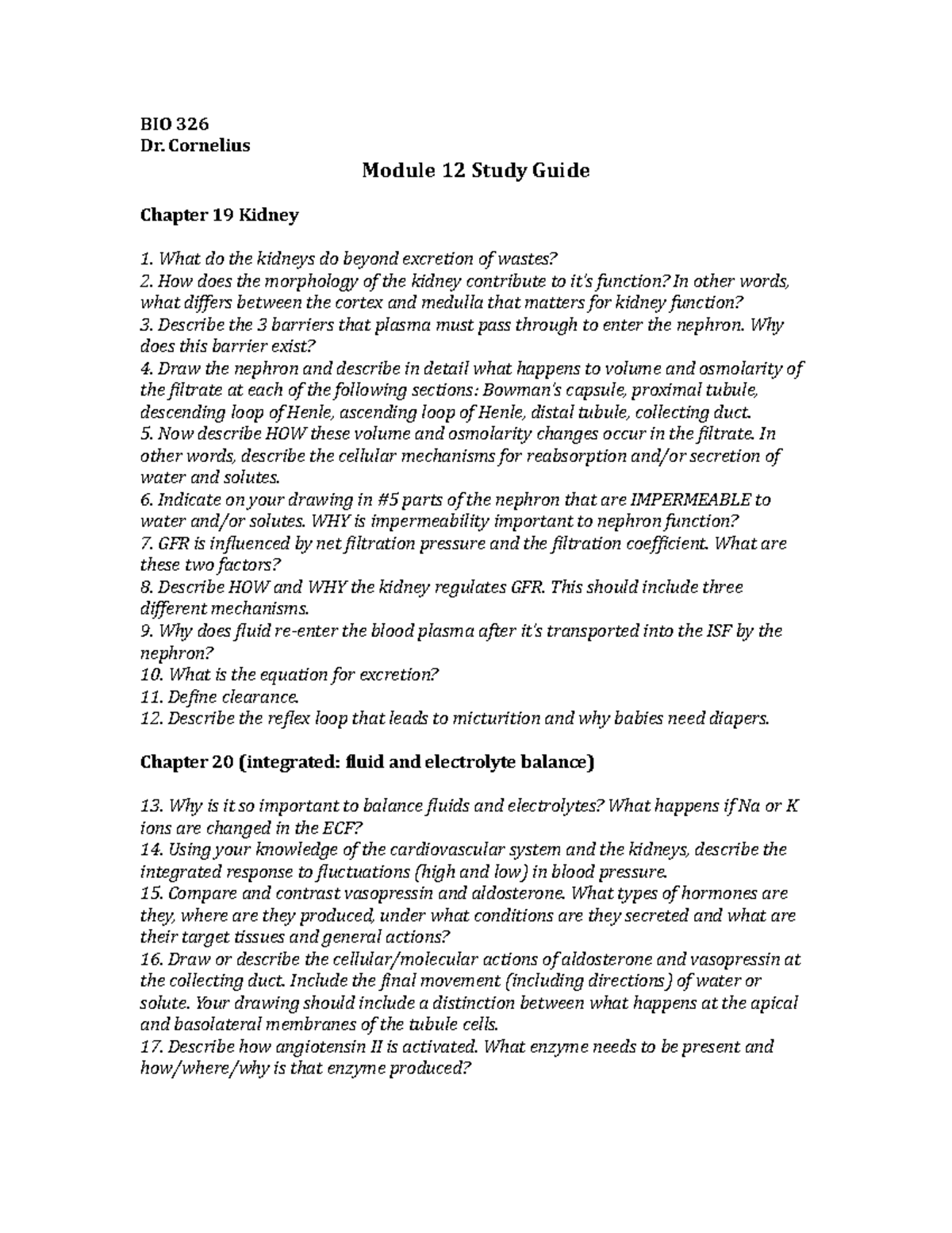 Module 12 Study Guide - Lecture notes 21-23 - BIO 326 Dr. Cornelius ...
