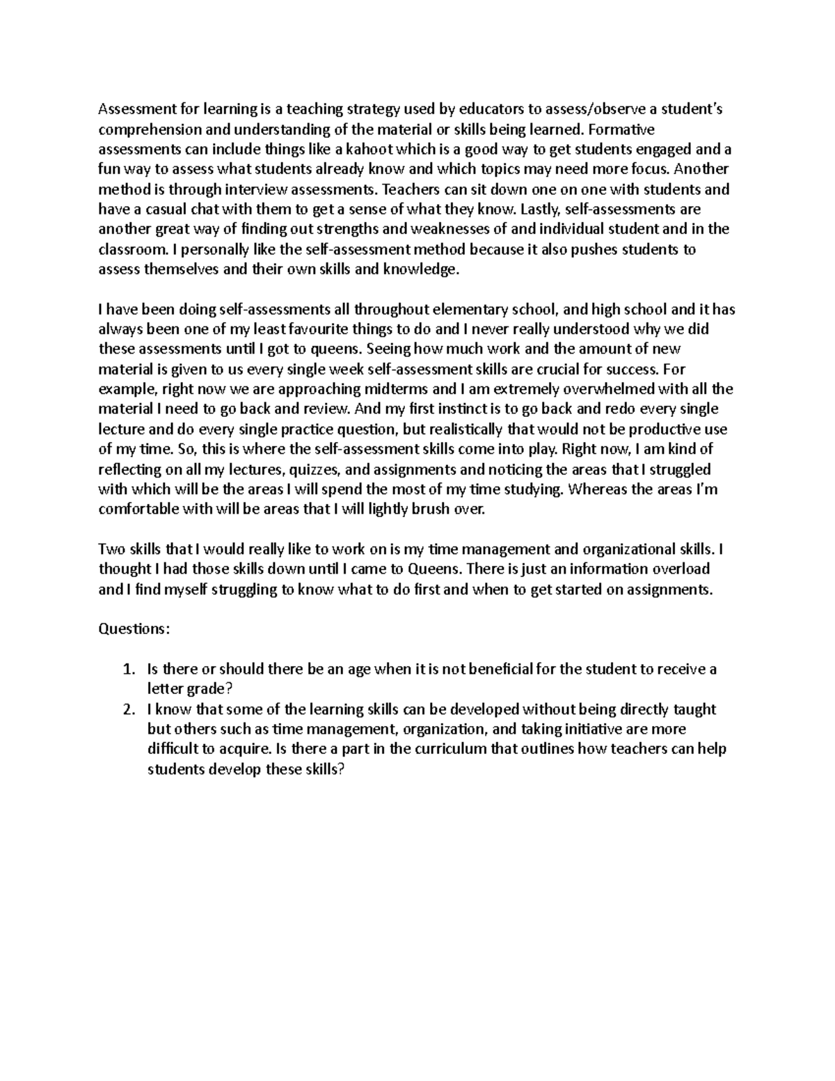 Reflection 6 - Lecture notes 7 - Assessment for learning is a teaching ...