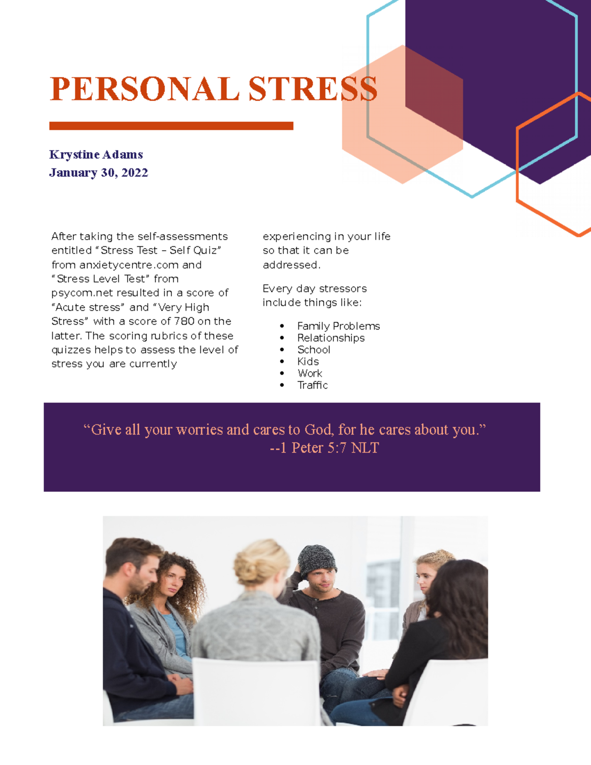 PSY 352-T3 Stress Activity Assignment - PERSONAL STRESS Krystine Adams ...