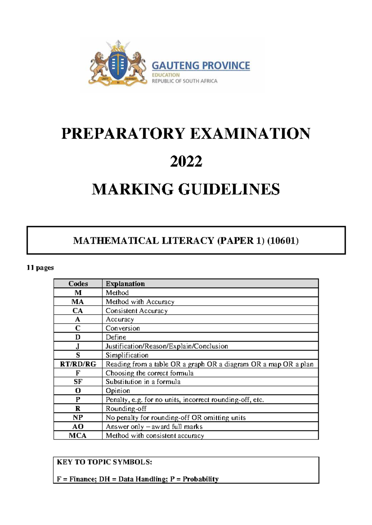 10601 Maths Lit P1 Eng Memo Final - PREPARATORY EXAMINATION 2022 ... 10601 Maths Lit P1 Eng Memo Final - PREPARATORY EXAMINATION 2022 ...