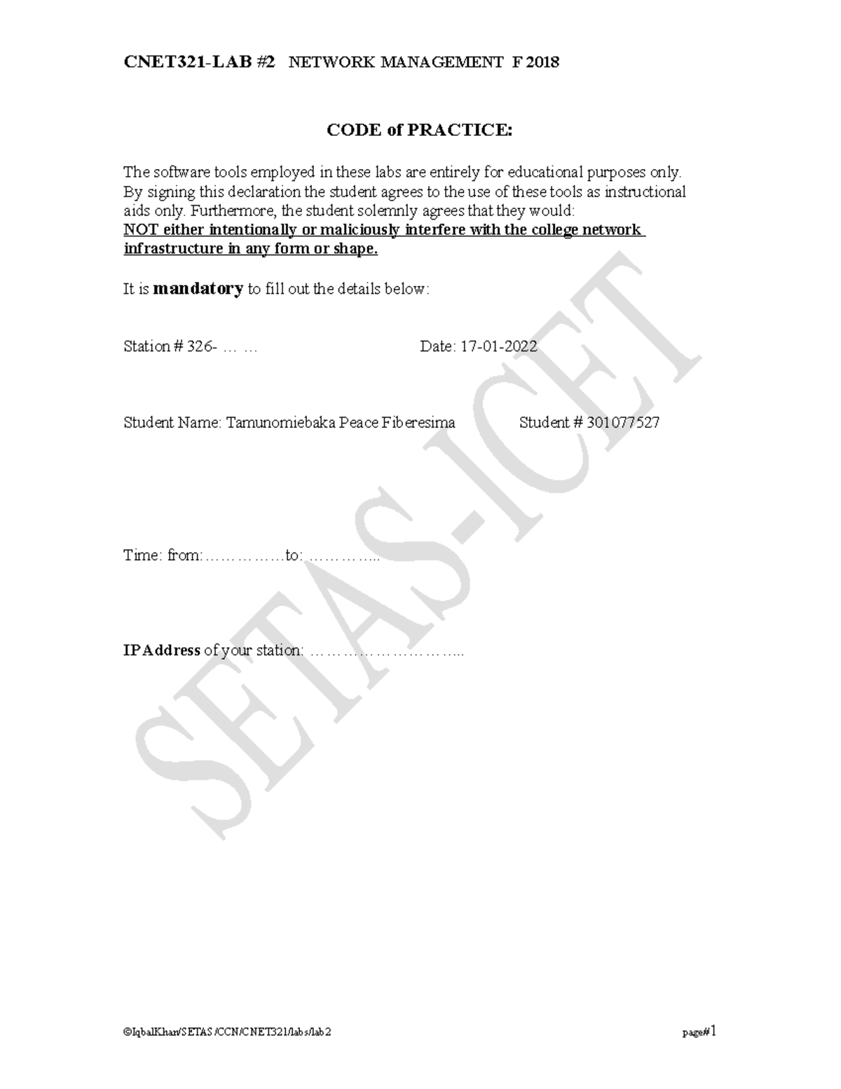 F18-CNET321 Lab 2 - Lab 2 for Network Management Cnet 321. - CODE of ...