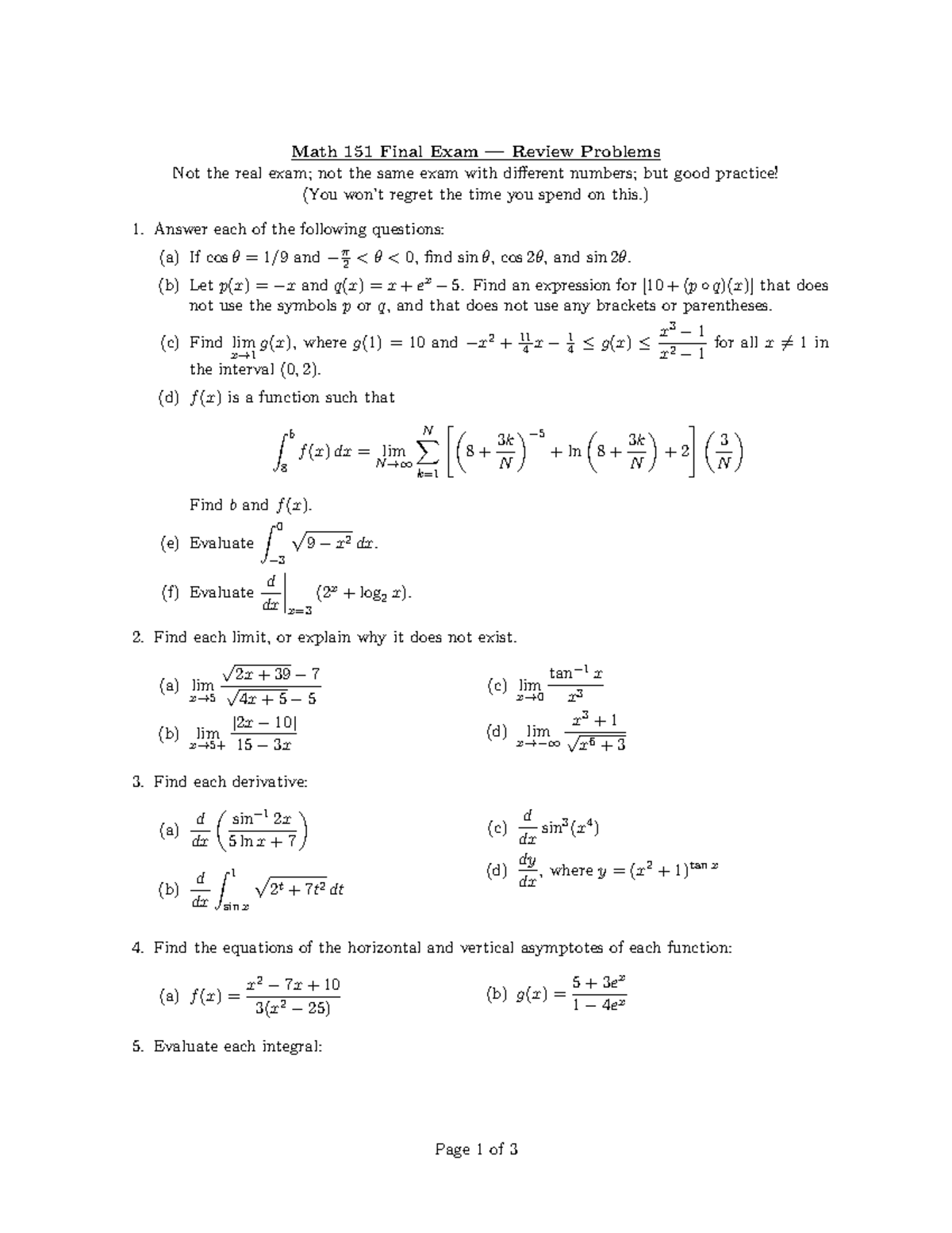 Math 151 Final Exam Fa24 Review Problems - Math 151 Final Exam — Review ...