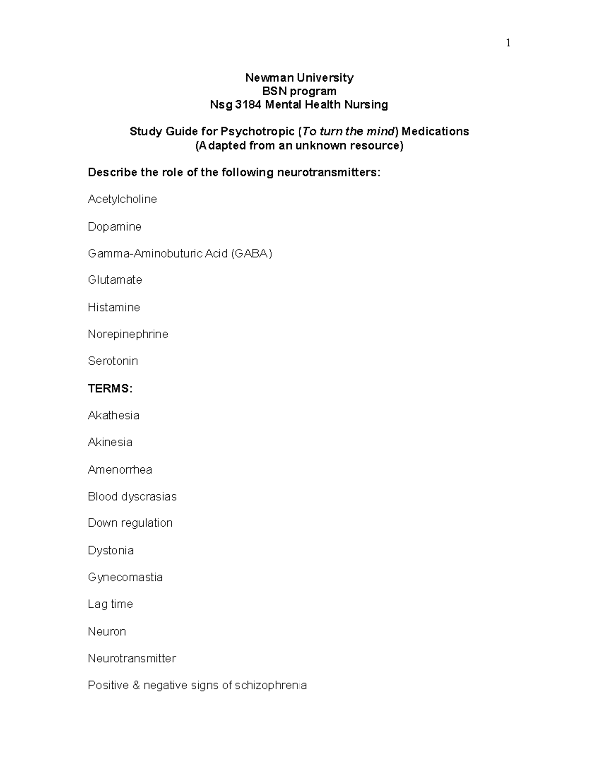 Psychotropic Study Guide - Newman UniversityBSN program Nsg 3184 Mental ...