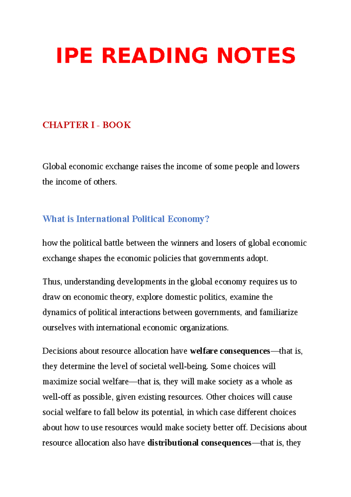 IPE Reading Notes - IPE READING NOTES CHAPTER I - BOOK Global economic ...