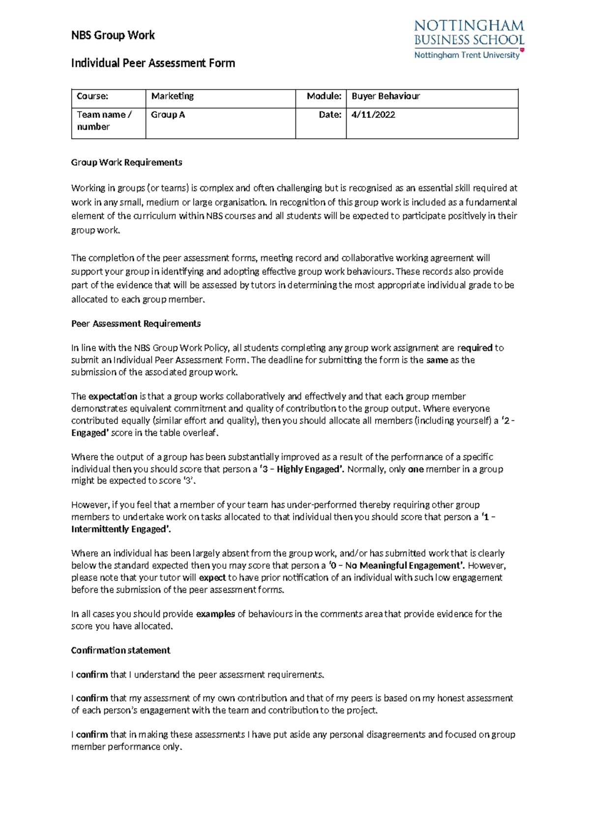 Group Work Policy - Peer Assess (2020) - NBS Group Work Individual Peer ...
