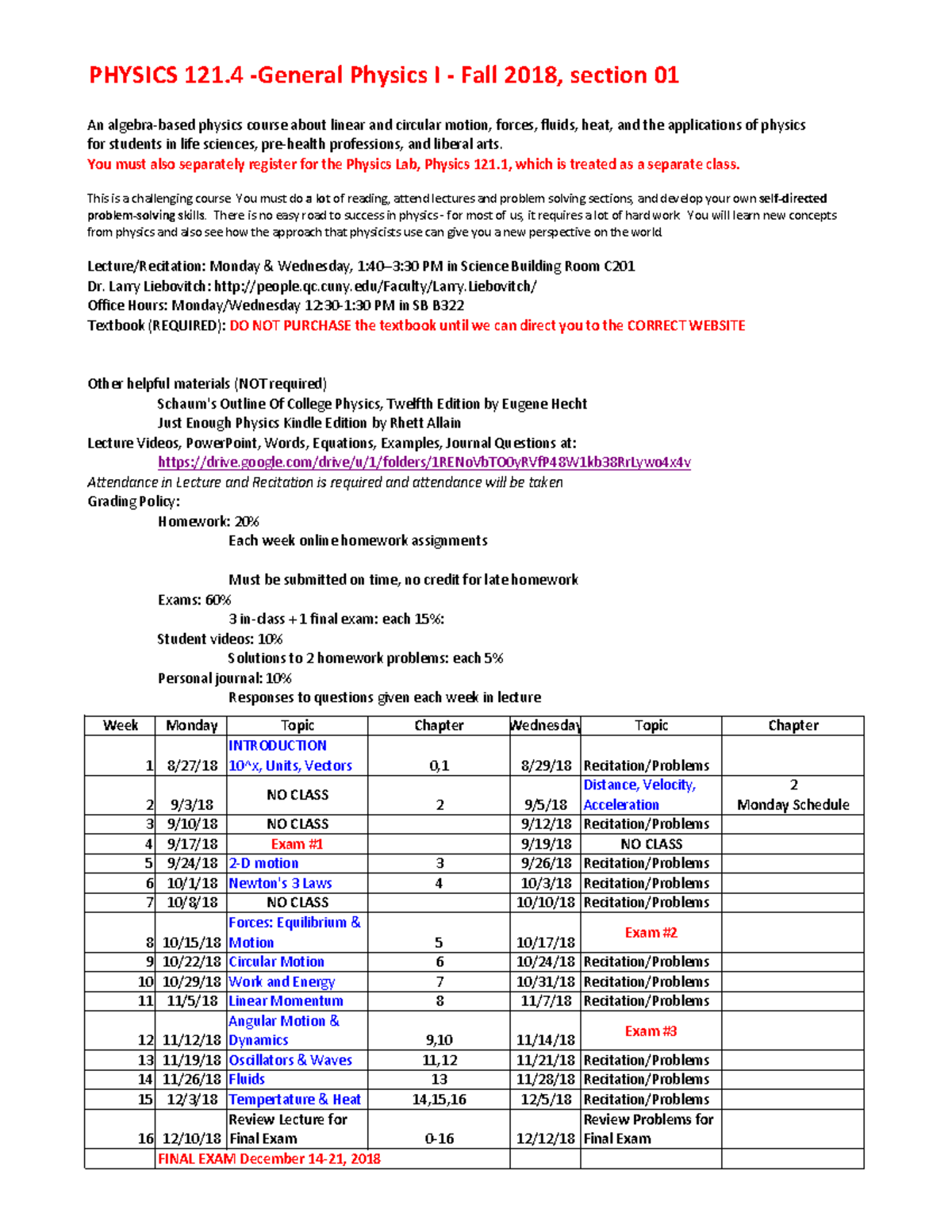 Syllabus-PH1214-Fall2018 - PHYSICS 121 Physics I Fall 2018, section 01 An physics course about ...