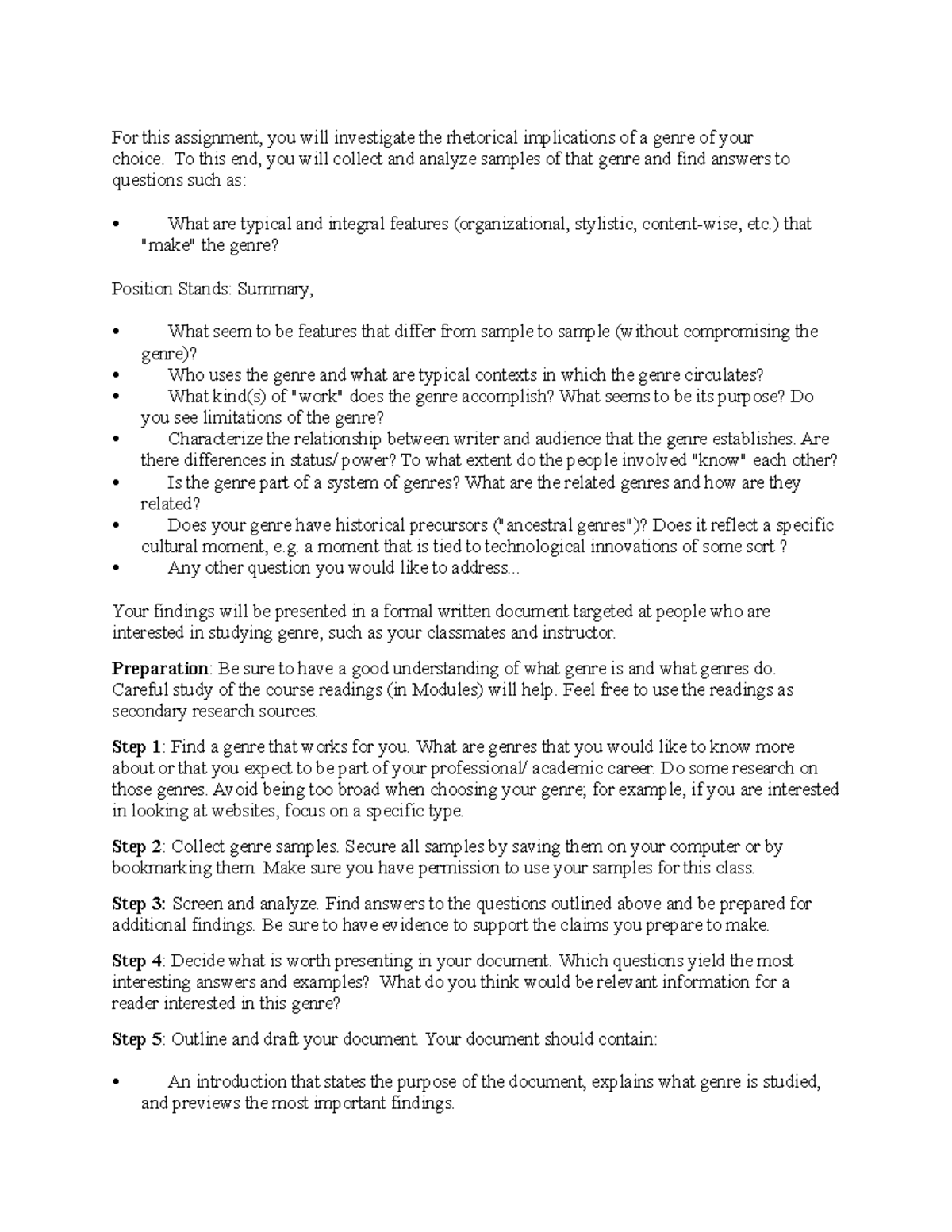 Genre Paper Prompt Spring 2020 - For this assignment, you will ...