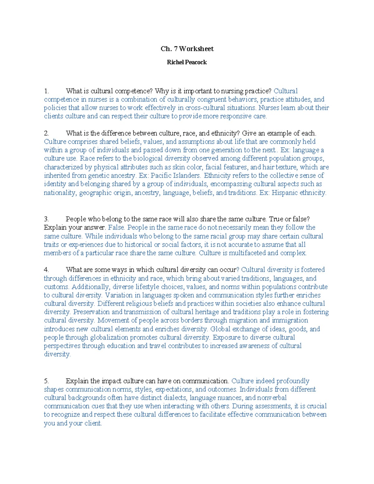 NUR450 Ch 7 Worksheet - Ch. 7 Worksheet Richel Peacock What is cultural ...